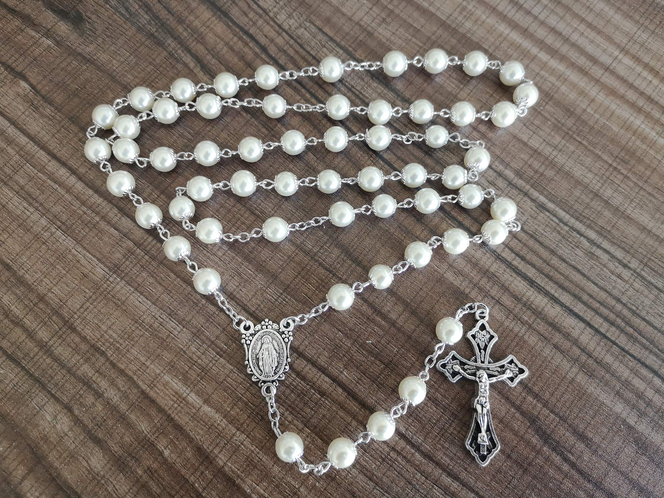 Catholic Pearl Beads Rosary Necklace Metal Beaded Miraculous Medal & Cross Rosary for Women (Silver)