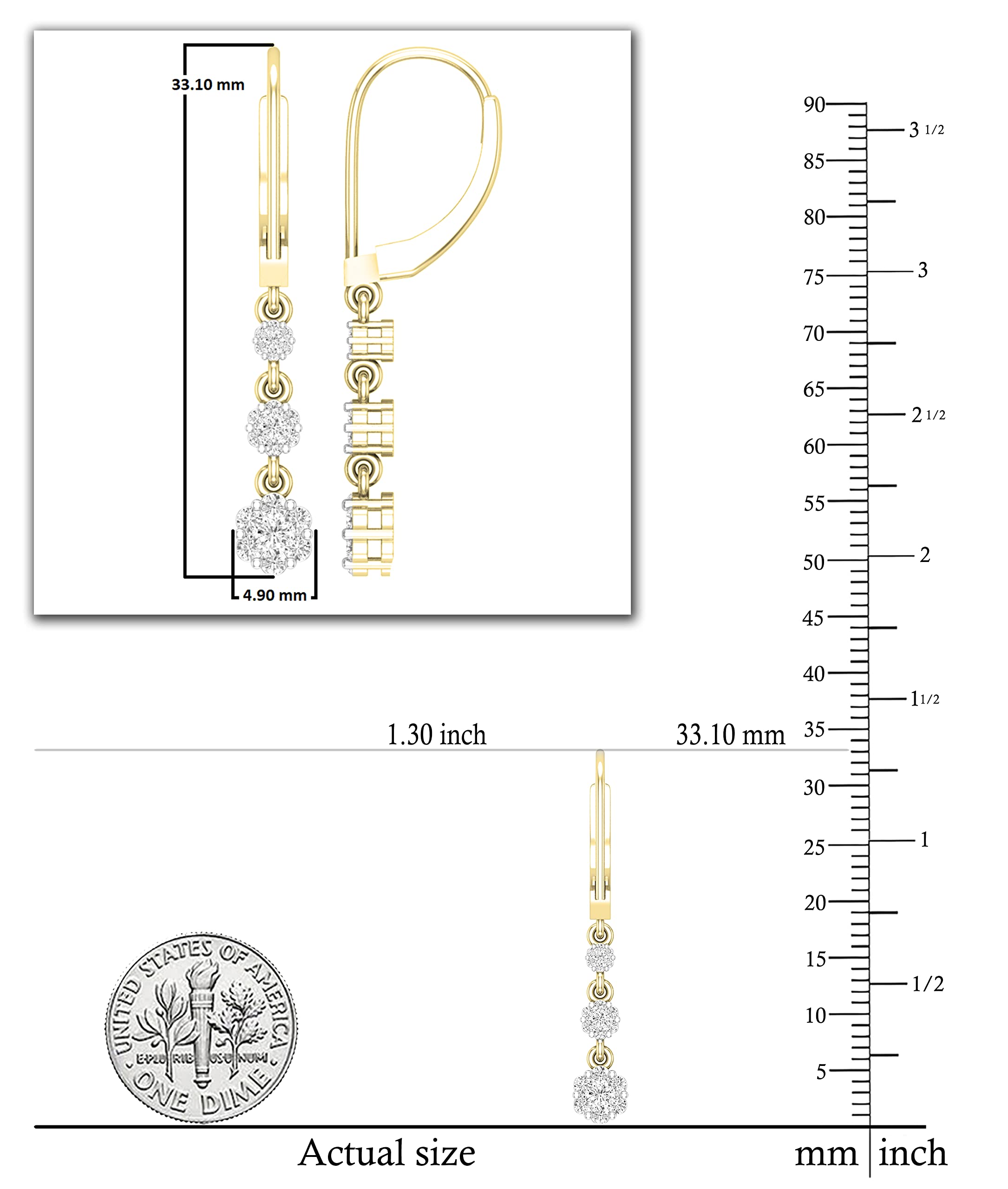 Dazzlingrock Collection Round Composite White Diamond Flower Dangle Drop Lever Back Earrings for Women (0.45 ctw, Color I-J, Clarity I2-I3) in 10K Yellow Gold