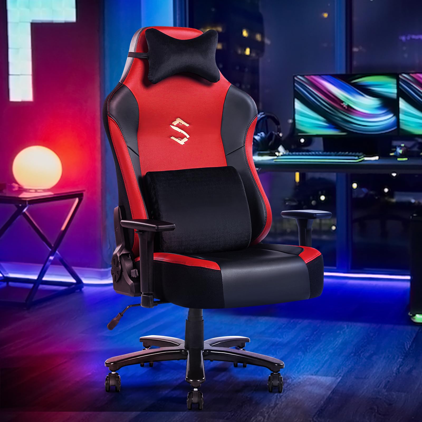 Fantasylab Big and Tall 400lb Massage Memory Foam Gaming Chair Adjustable Tilt, Back Angle and 3D Arms High-Back Leather Racing Executive Computer Desk Office Chair, Metal Base, Red
