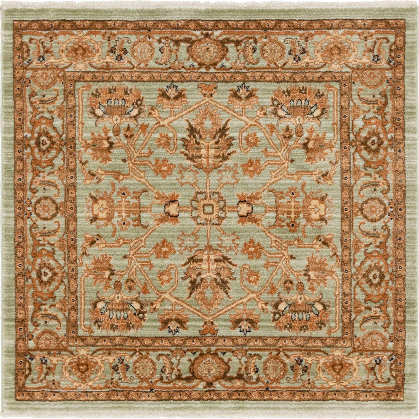 Unique Loom Dorchester Collection Botanical, Border, Traditional Area Rug (4' 5 x 4' 5 Square, Light Green/ Tan)
