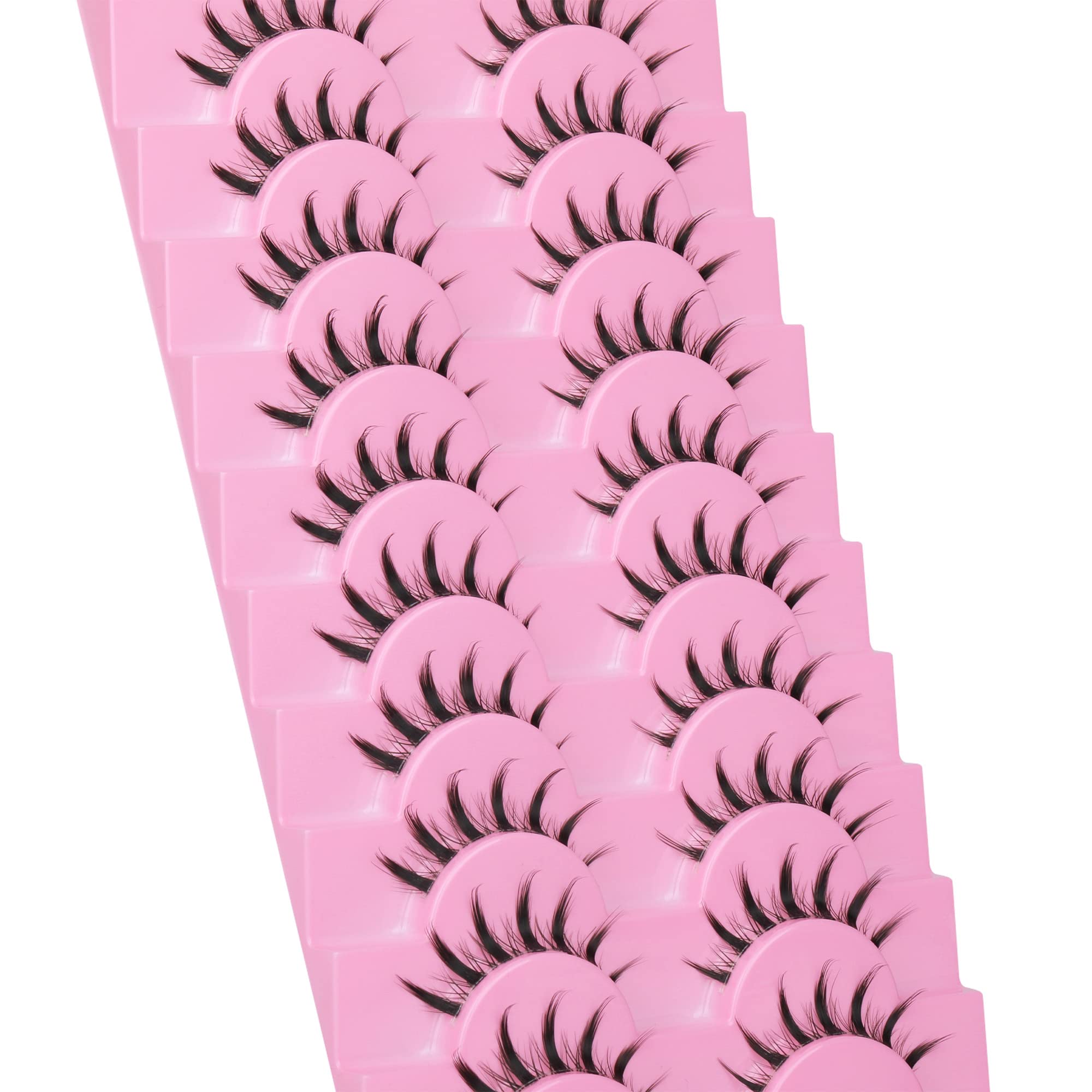FANXITON Manga Lashes Natural Look 10 Pairs 15mm with Clear Band Japanese Cosplay Lashes Short Handmade 3D False Eyelashes