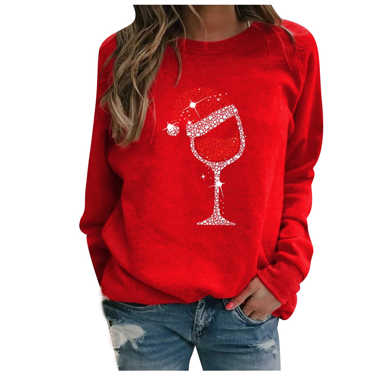 GuangYuan Women Hoodies Pullover Plain Fashion Hoodies Oversized Long Sleeve Tees Flowy All-match Pullovers Christmas Tops Red