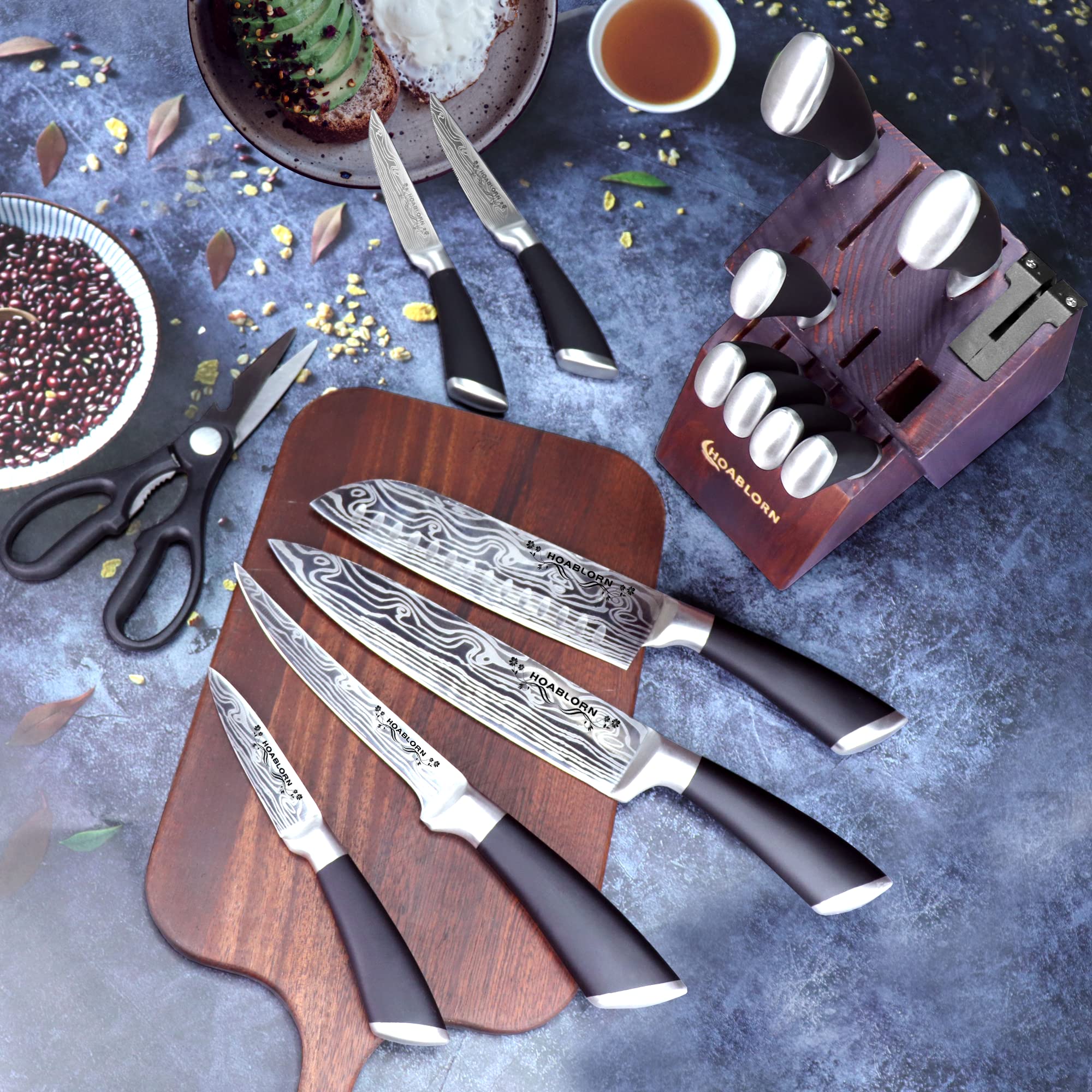 Knife Set Kitchen Knife Set with Knife Block, 15-Piece Professional Stainless Steel Damascus Set with Built-in Knife Sharpener and Free Wine Box,Great Gift Idea!