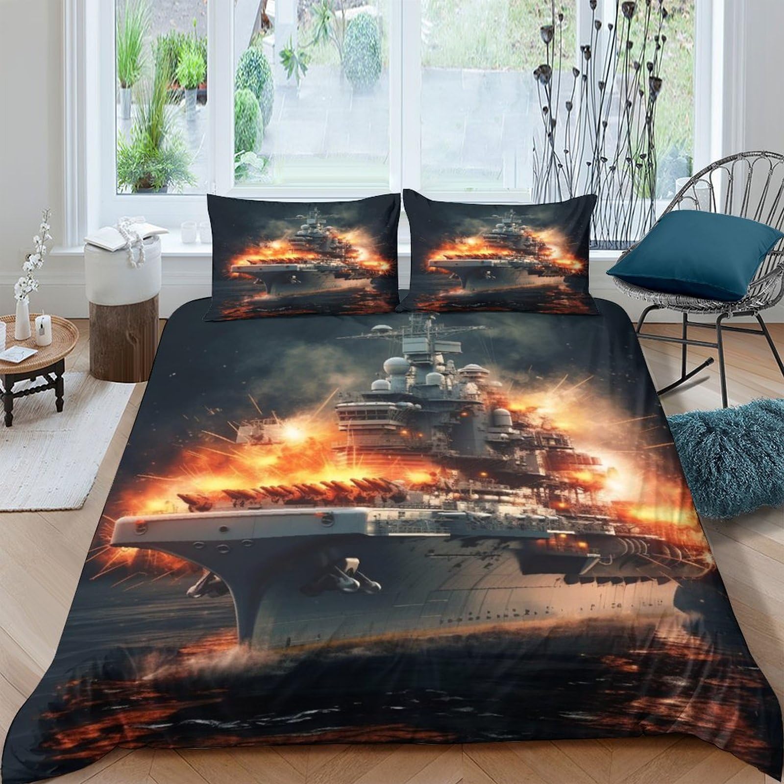 Hypoallergenic Bedding Set Cozy Battleships Comforter Covers 3D Printed Warships Quilt Cover Microfiber Duvet Cover 3 Pieces for Kids and Adults with Pillowcase Twin(173x218cm)