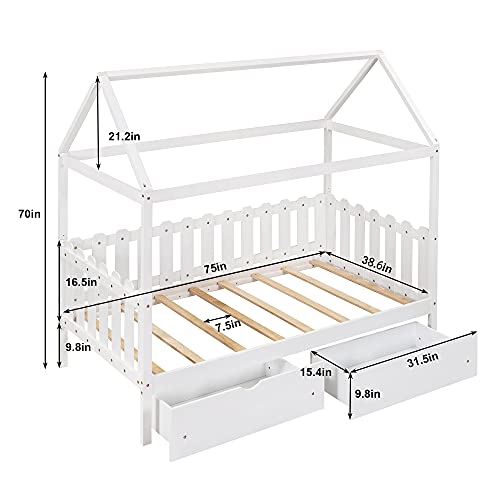 Lifeand Twin Size House Bed with 2 Drawers, Fence-Shaped Guardrail and Sky Roof, Solid Wood Bedframe for Gilrs Boys,White