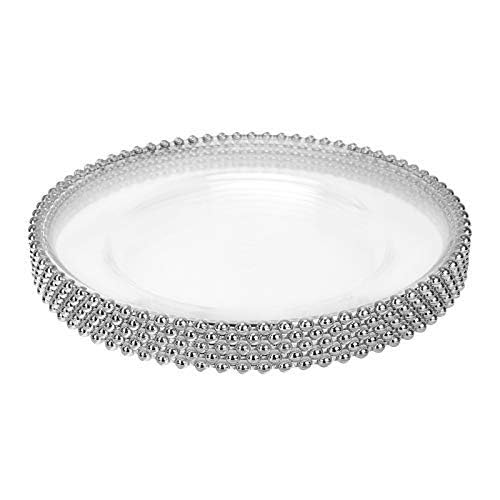 USA Party Flower Elegant Clear Acrylic Charger Plate with Bead Rim, Set of 12 (12.5 inch) (Silver)