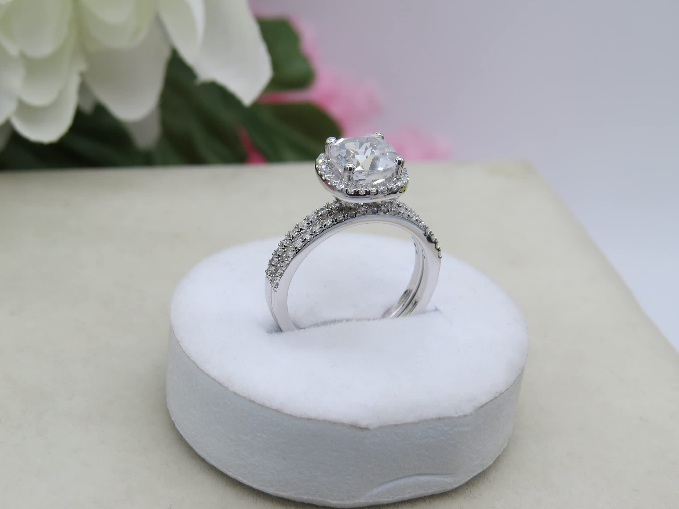 Dazzlingrock Collection Cushion Lab Created White Sapphire & Round Natural White Diamond Bridal Halo Engagement Ring Set, 10K White Gold, Size 7