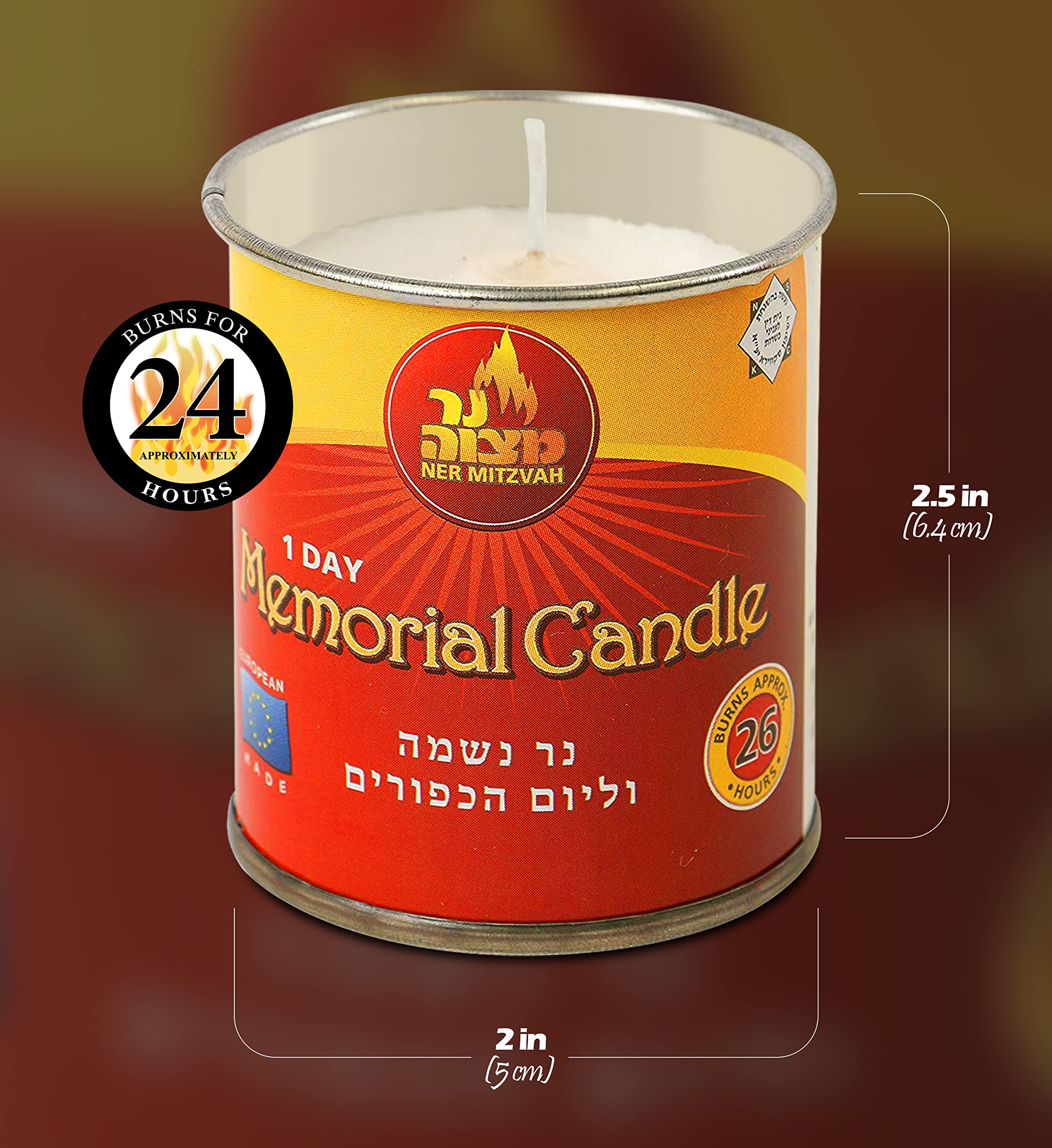Ner Mitzvah 1 Day Yartzeit Candle - 12 Pack - 24 Hour Kosher Yahrtzeit Memorial and Yom Kippur Candle in Tin Cup Holder