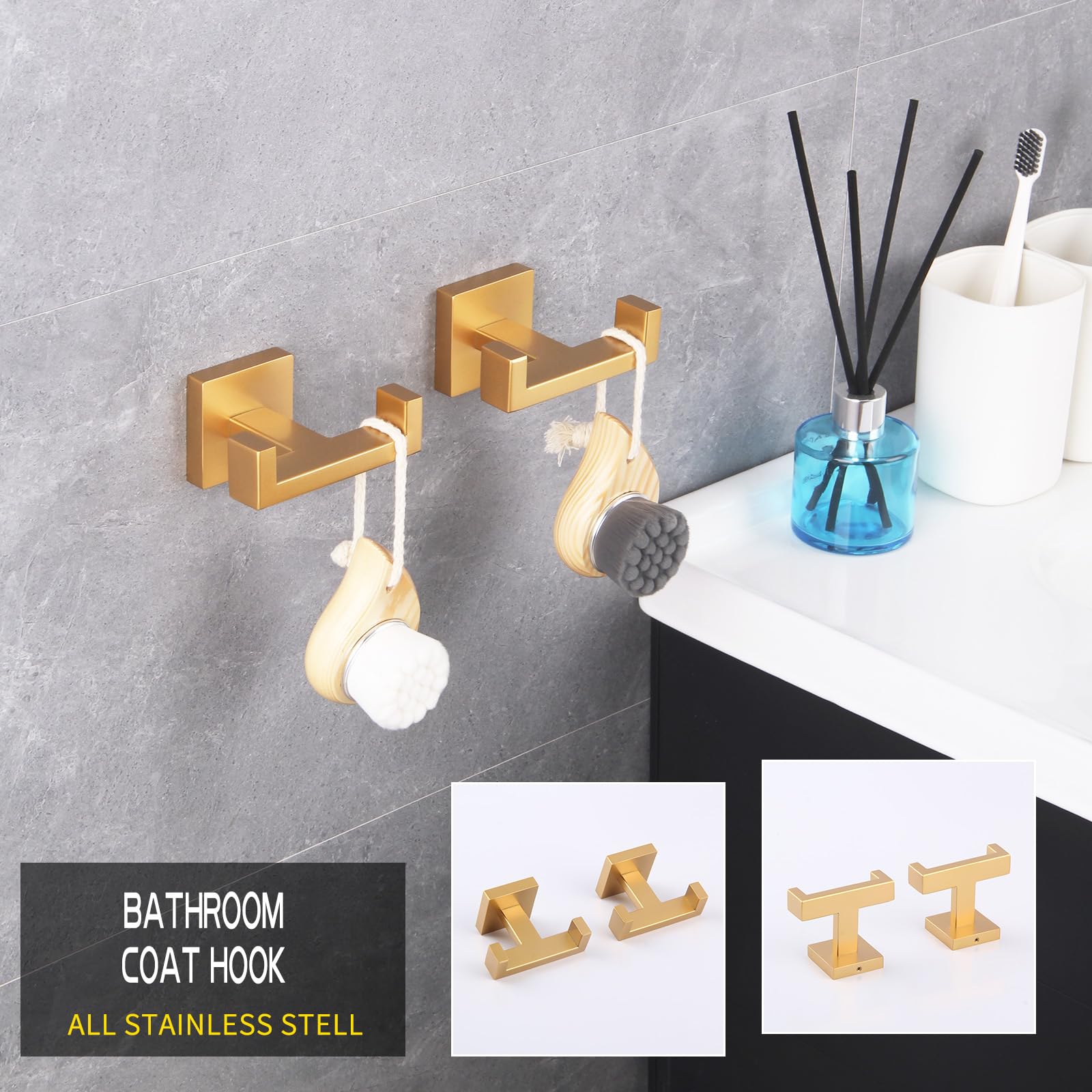 GERZWY Bathroom Double Towel Hook Gold Stainless Steel Wall Mounted Coat/Robe Clothes Hook for Bath Kitchen 2 Pack
