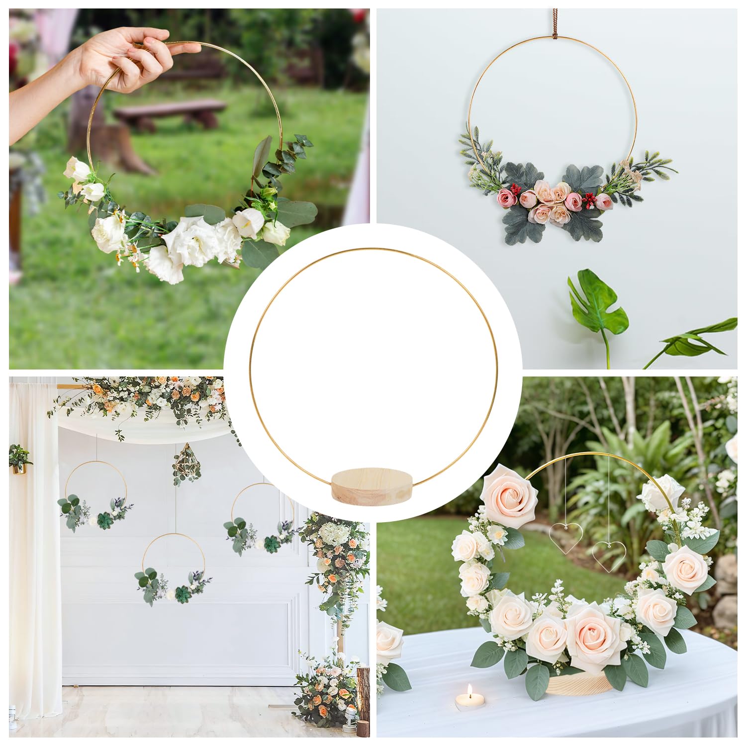 GUDELAK 12 Set 12 Inch Floral Hoop Centerpiece Table Decorations with 2 Heart Shaped Acrylic, Gold Wedding Centerpieces with Wood Round Base for DIY Wedding Decor Wall Hanging Crafts