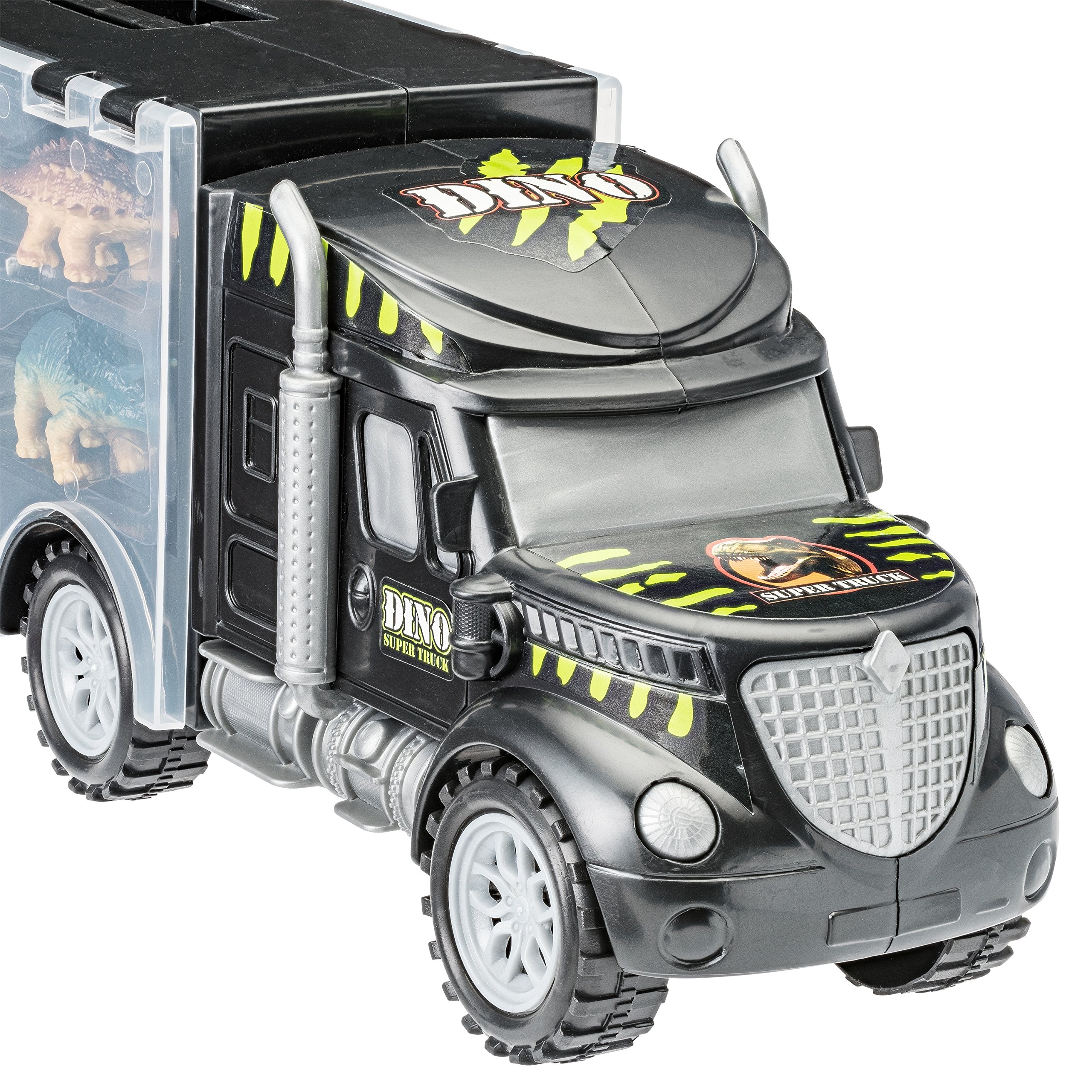 PREXTEX 16" Dinosaur Truck Carrier Playset with 6 Mini Plastic Dinosaurs, Dinosaur Toy Trucks for Toddler Boys 3 to 5 Years Old
