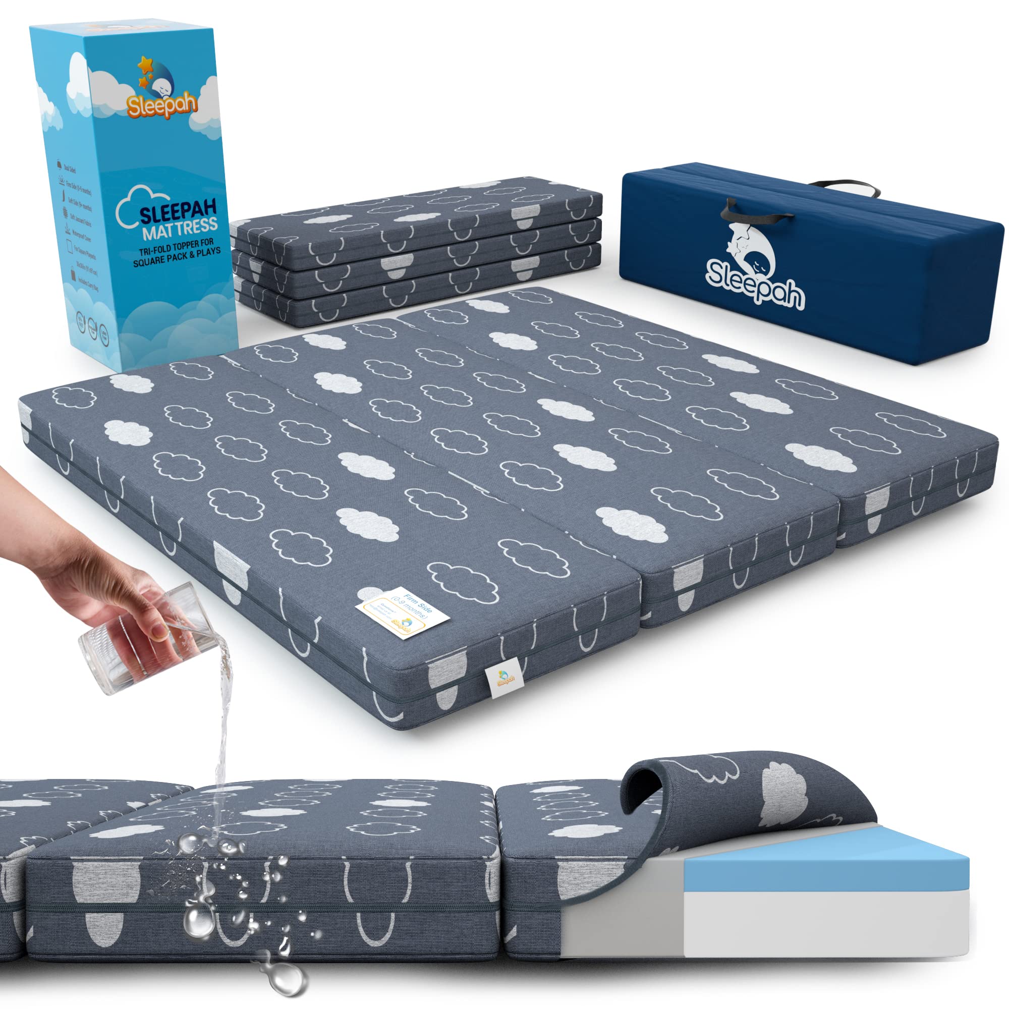 Sleepah Square 36x36 Mattress Pad (Trifold) Waterproof Memory Foam Portable Mattress Topper w Removable Cover Compatible with Joovy Room 2 Delta Children Century Thick Dual Sided