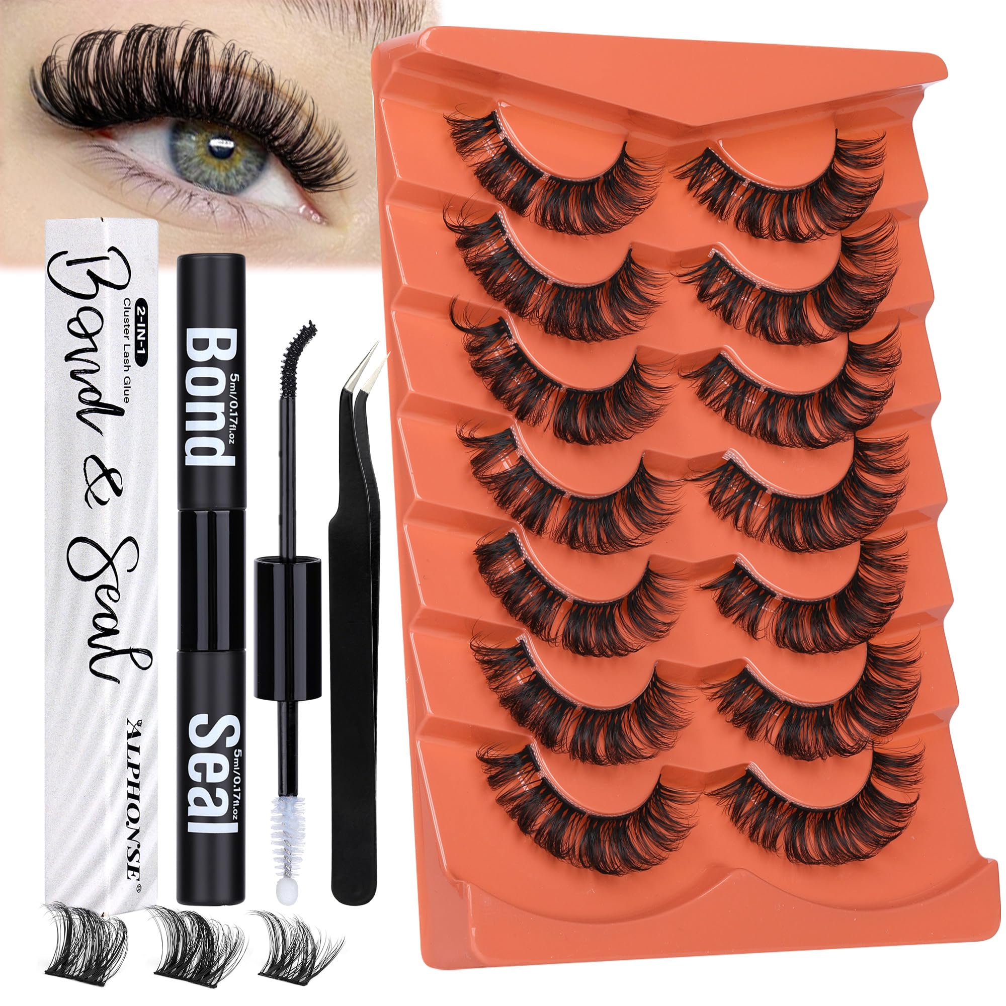 DIY Lash Extension Kit, D Curl Eyelash Extension kit with Lash Bond and Seal and Lash Applicator Tweezers, ALPHONSE Individual Cluster Lashes Kit for DIY Eyelash Extensions at Home