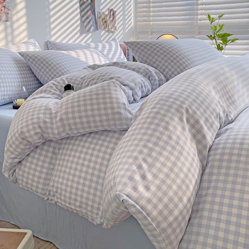 Kimko Washable Cotton Gray Blue Buffalo Plaid Duvet Cover Set,Grid Checkered Bedding Set with Zipper,Gentle,Soft,Home Cozy and Breathable 【3Pcs:1 Duvet Cover+2 Pillowcase】 (# 012, Queen-79''X90'')