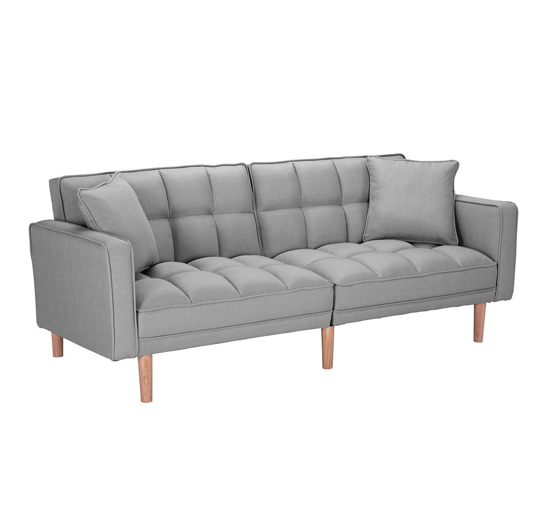 SLEERWAY Modern Futon Sofa Bed, Convertible Sleeper Sofa with Armrests and 2 Pillows, Recliner Couch with 5 Solid Wooden Legs, Twin Size Sofa for Living Room Handpicked Fabric (Light Grey)