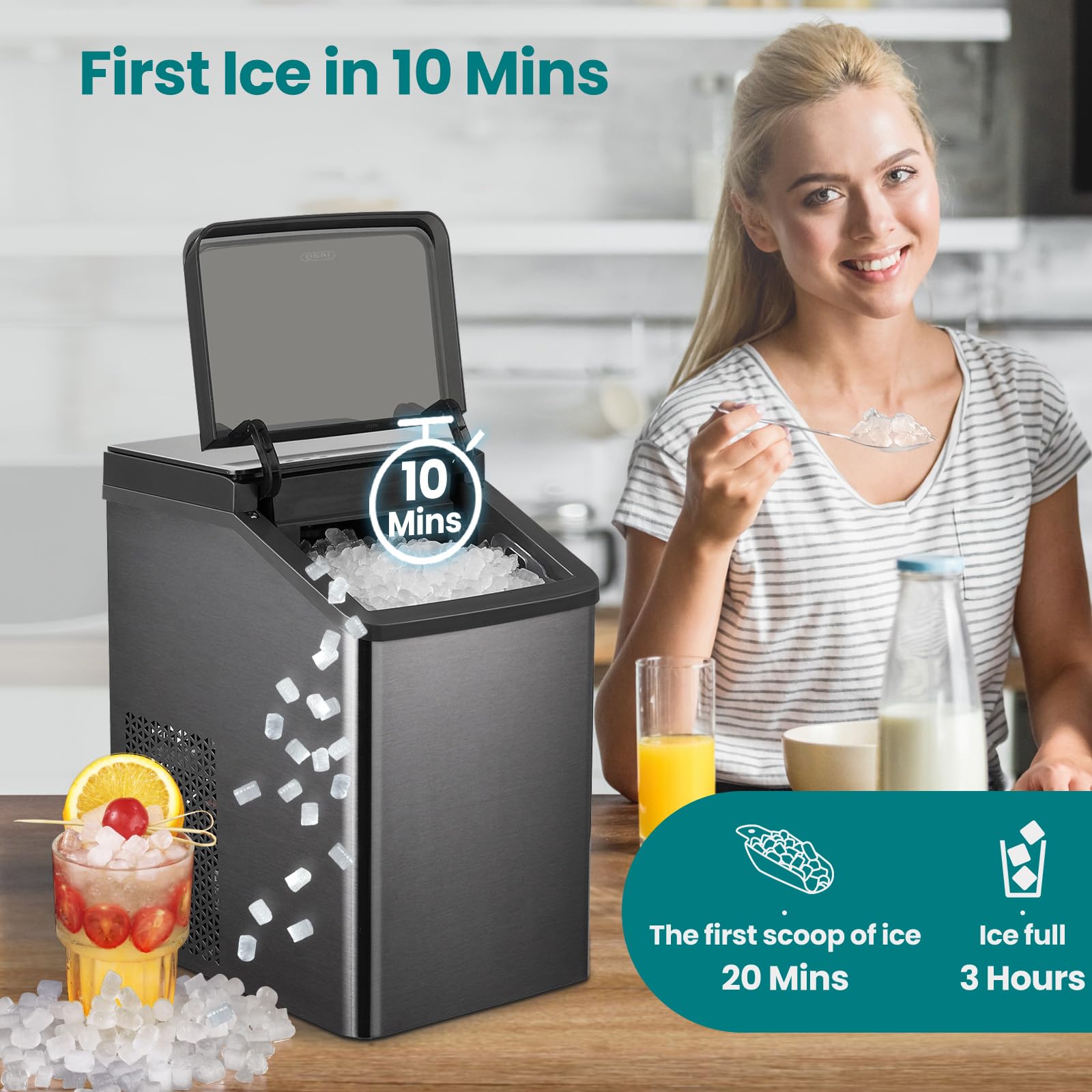 Gevi KNOVA Gemi Nugget Ice Maker, Crushed Ice Makers Countertop with Self-Cleaning, Pellet Ice Machine for Home Kitchen Party, Sleek Stainless Steel Housing (Gray)