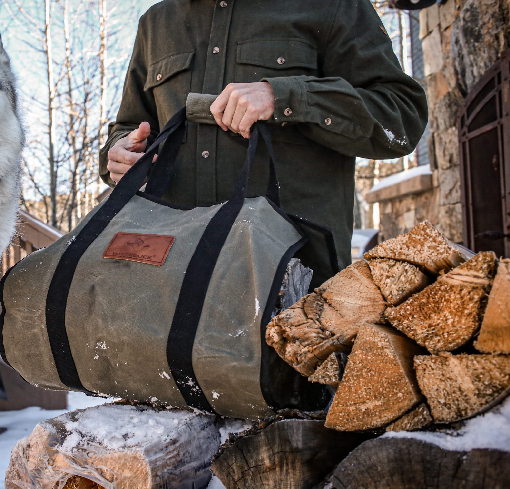 WHITEDUCK TUFF Large Firewood Carrier 21 Oz. Heavy Duty Waxed Canvas Log Carrier Holder for Fireplace, Carrying Wood Indoor & Outdoor (Olive, Rectangle (39"x18"))