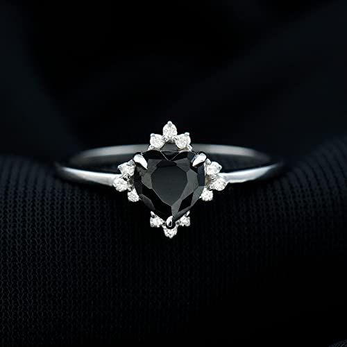 Certified Heart Shape Black Onyx Promise Ring with Diamond | AAA Quality | 6 MM Black Onyx | December Birthstone Ring, 14K White Gold, Size:US 6.00