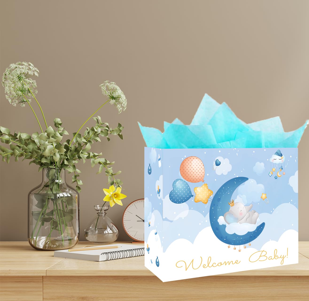 GFInYHM 13" Baby Boy Gift Bag for Baby Shower or Birthday with Handle, Tissue Paper and Greeting Card (Elephant)