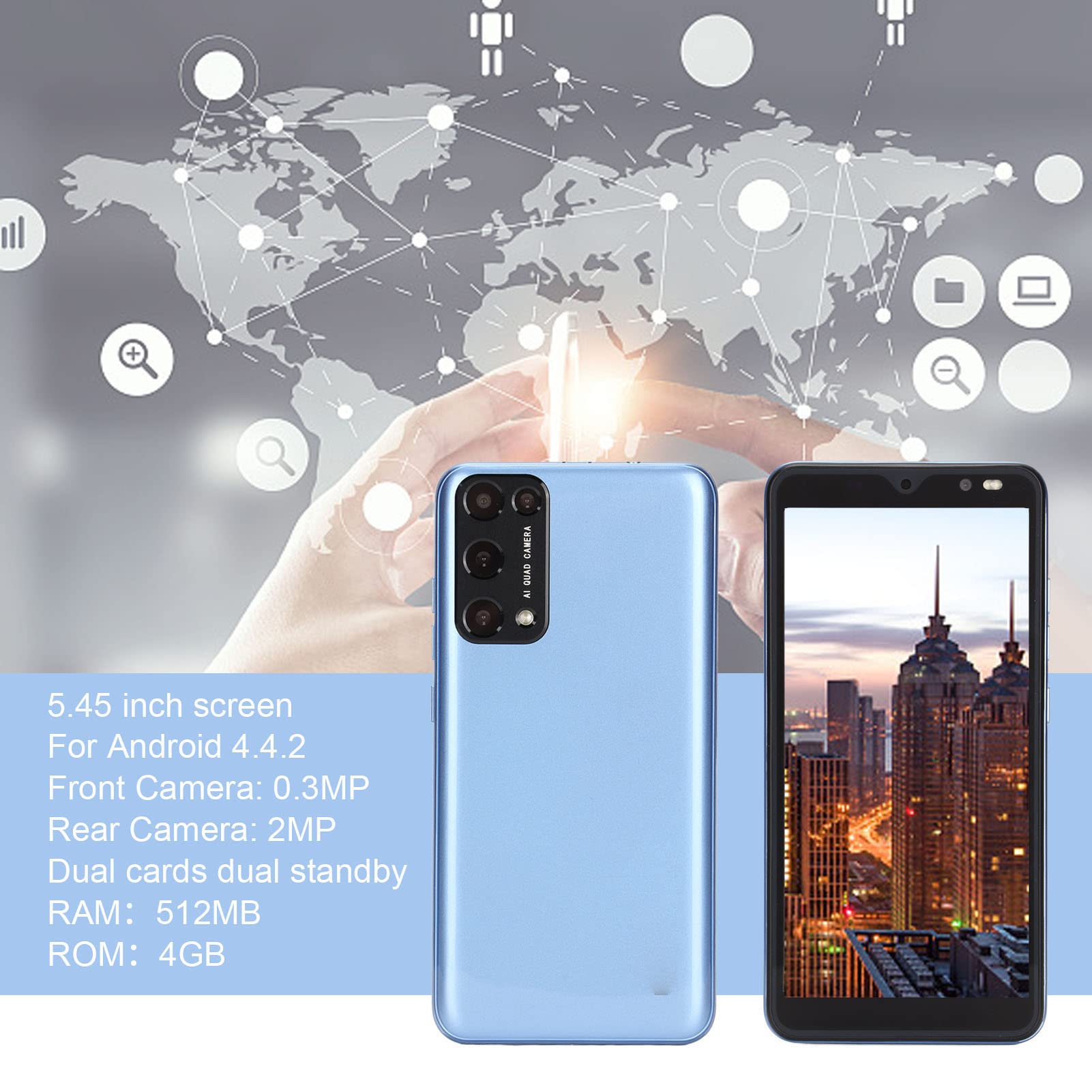 Diyeeni Rino8 Pro Smartphone, 5.45 Inch HD Screen 512MB 4GB, Powerful Processor, Dual Cards Dual Standby, High Definition Cameras, for Android 4.4.2 (Blue)