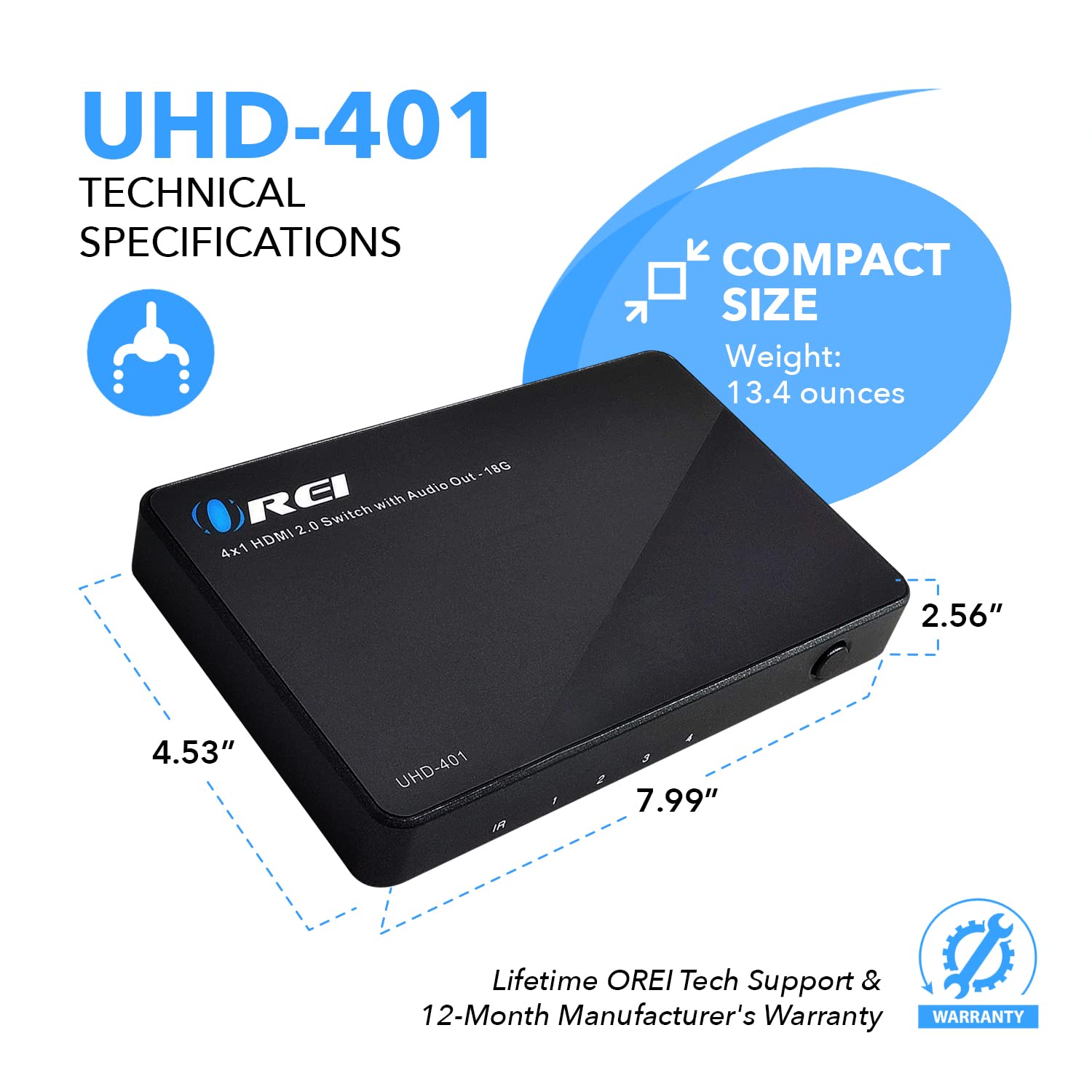 OREI Ultra HD HDMI 4 x 1 Switcher 18G Audio Extractor IR Remote - Supports Upto 4K @ 60Hz - (4 Input, 1 Output) Switch, Hub, Port for Cable, HD TV, Laptop, MacBook & More (UHD-401)