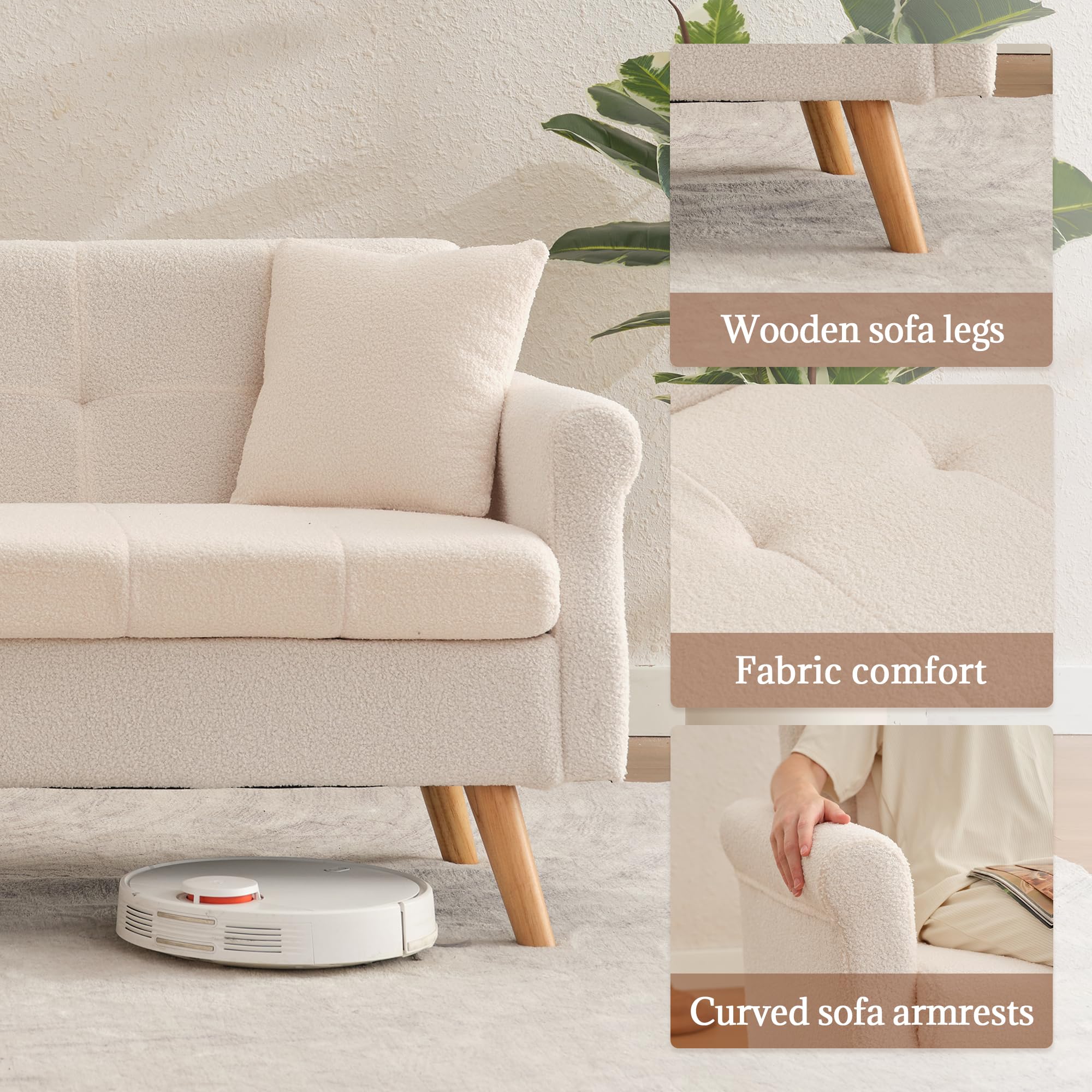 Kingfun Loveseat Sofa, White Love Seat Couches with Throw Pillow, Boucle Small Sofa for Living Room, Bedroom, Office, Button Tufted Upholstered Furniture, Easy to Install