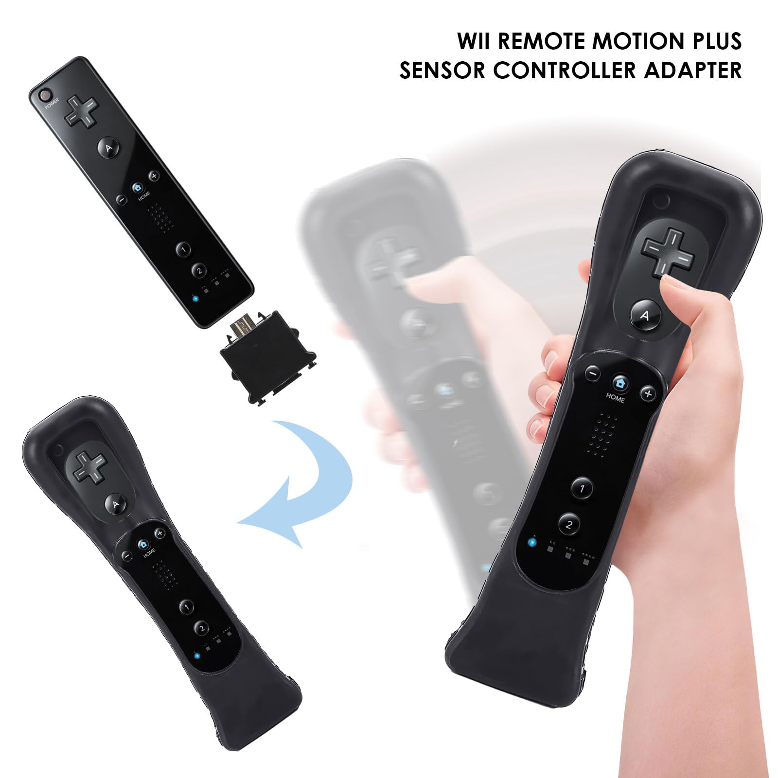 Wii Motion Plus Sensor Adapter with Silicon Case Cover and Wrist Strap, Wii Nunchuk Remote Controller Attachment for Nintendo Wii and Wii U Black