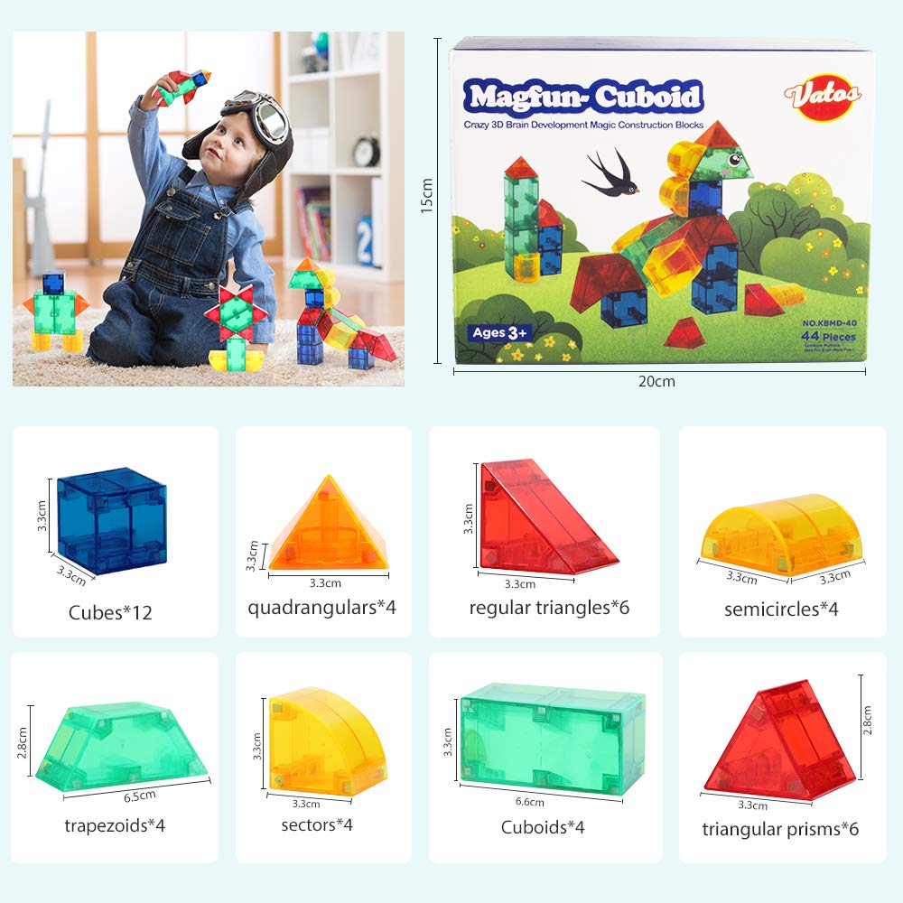 VATOS Magnetic Building Blocks 3D STEM Magnet Tiles Building Toys for Kids 44 PCS Creativity Educational Cubes Develop Motor Skills Montessori Sets Gift For Toddlers Boys Girls age 3 4 5 6 7+ Year Old