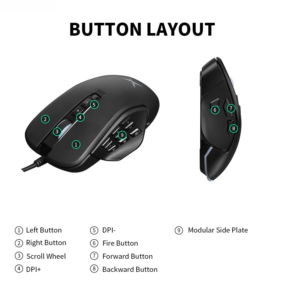 DeLUX Wired MMO Gaming Mouse with 4 Interchangeable Side Plates, 12400DPI, 14 Programmable Buttons, RGB Light, 1000Hz Report Rate, Pro Ergonomic Gamer Mouse for PC Computer Laptop (M631-Black)