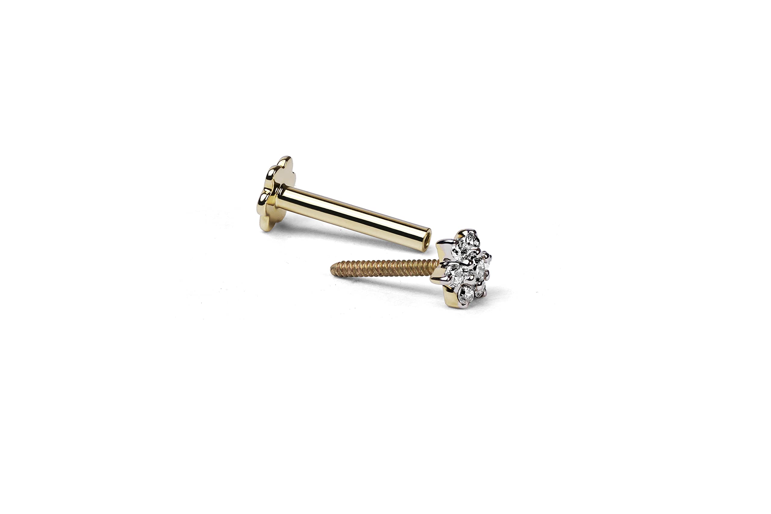 Demira Jewels Natural Diamond 14k Yellow Gold Flower Nose Lip Labret Monroe Ring Stud Screw with 8 mm long and 16 gauge thick post