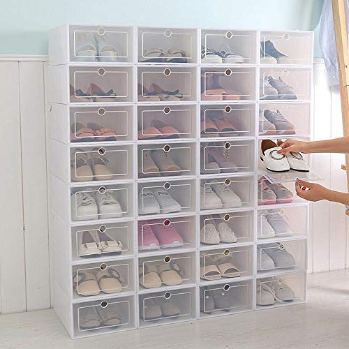 Shoe Storage Boxes 12 Pack Foldable Plastic Transparent Shoe Box Storage Clear Organizer Stackable Shoe Containers with lids Display Sneakers (White)