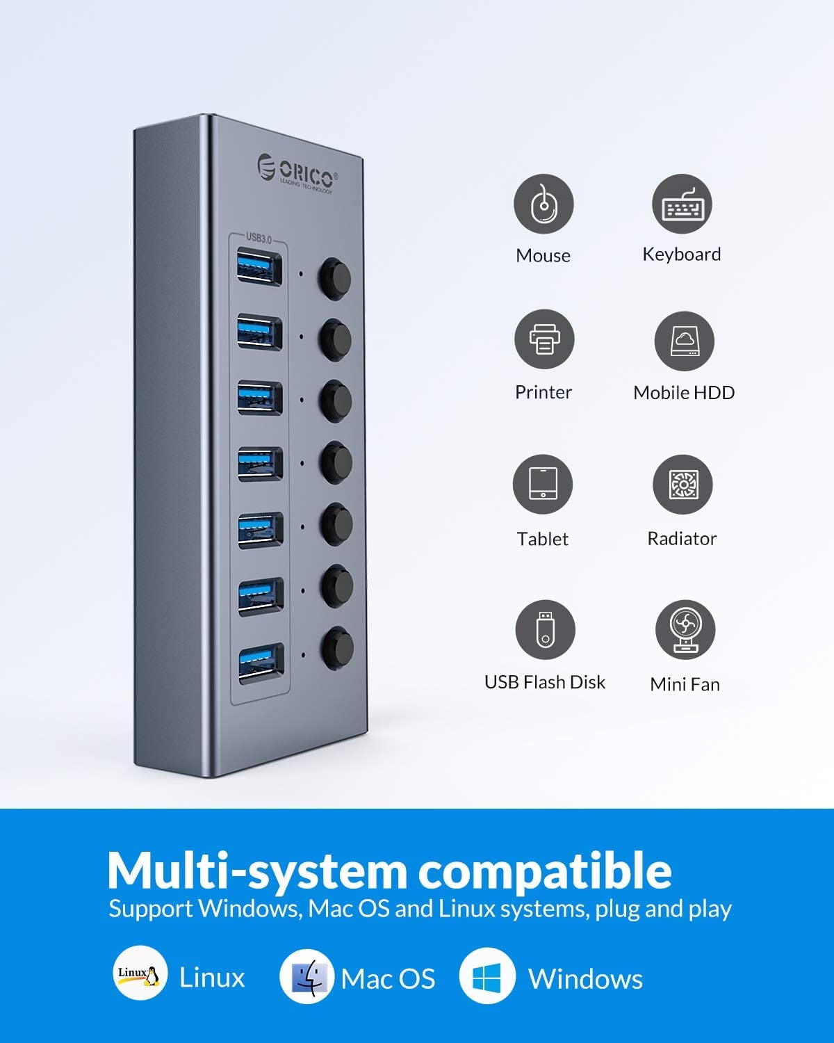 ORICO 13 Port BC1.2 USB 3.0 Hub + Quick Charge with Individual Switches 13 Port USB Data Hub self Power 12V/5A (60W) Black