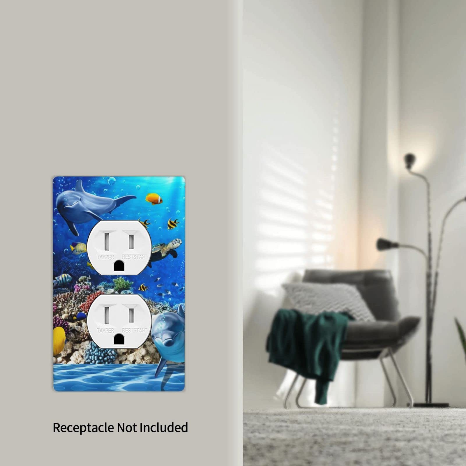 Ocean Dolphin 1 Gang Electrical Outlet Cover Single Duplex Socket Plug Receptacle Wallplate Marine Life Kids Boys Bedroom Nursery Aquarium Decor Decorative Blue Fish Sea Ceatures Faceplate