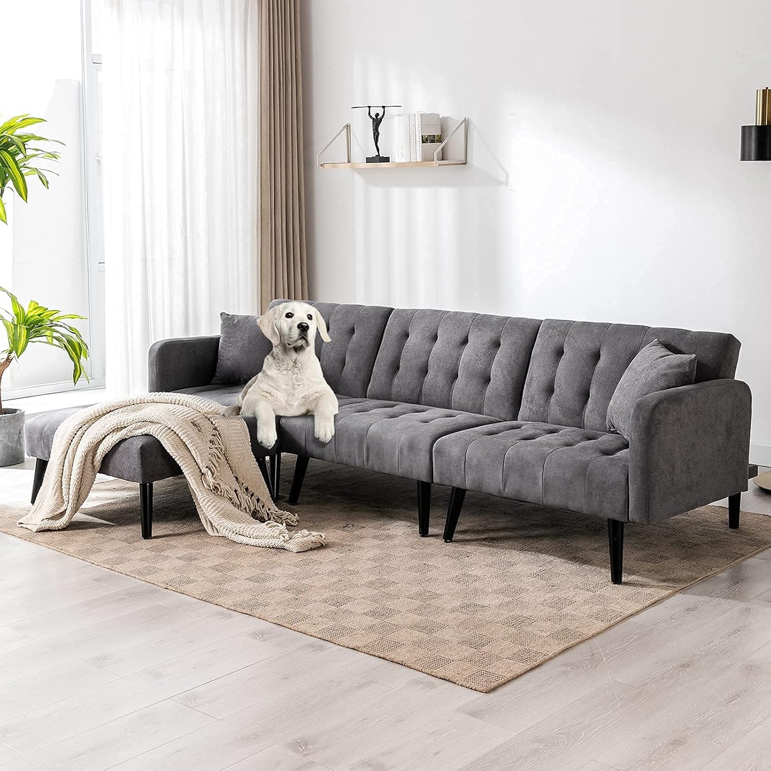KissAir Modern Linen sectional Convertible Sofa Bed Reversible Sectional Sofa Sleeper Mid-Century Upholstered Comfy Couches for Living Room w/Chaise Lounge,Split-Back,Removable Armrests(Dark Grey)