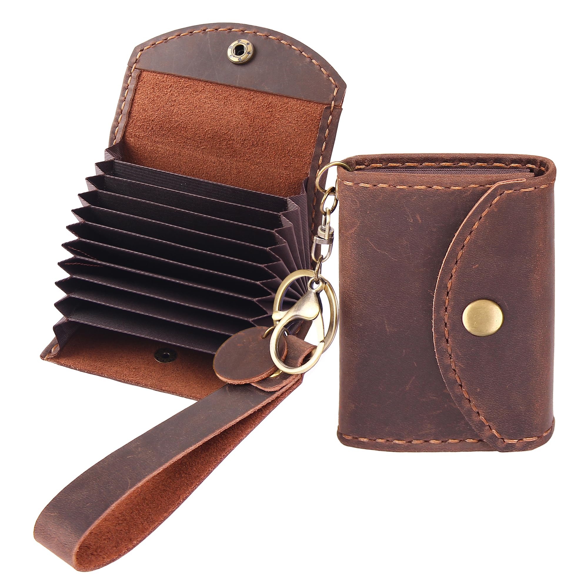 Fasjosma Genuine Leather Credit Card Wallet Holder,Credit Card Organizer for Women Men,Small Coin Purse Wallet Keychain,coffee