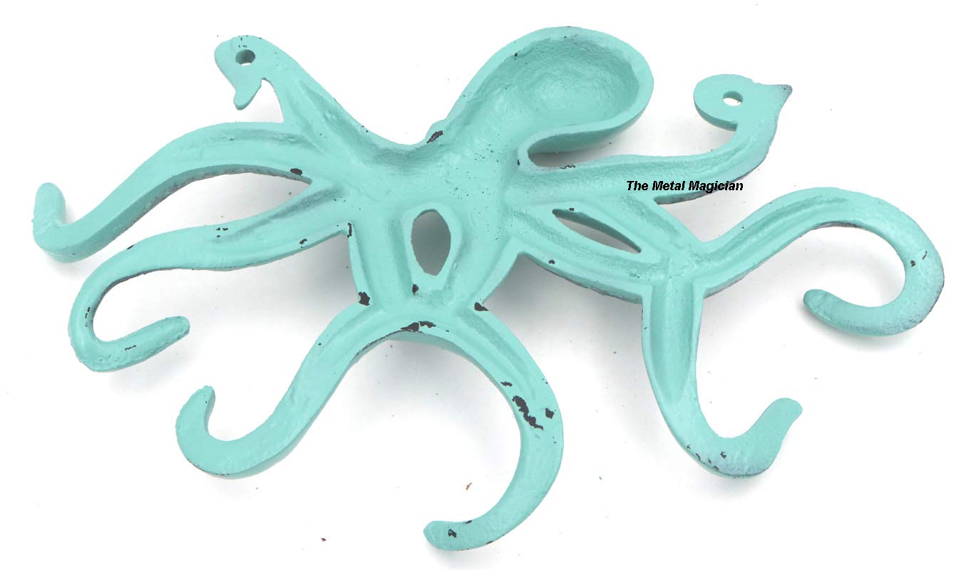 Octopus Keys Hook, Decorative Wall Mounted Nautical Wall Rack, Antique Key Holder Hook, Cast Aluminum Hanger for Coat, Hand Towel, Bathrobe, Jacket, Swimming, Kitchen & Balcony (Distressed Green)