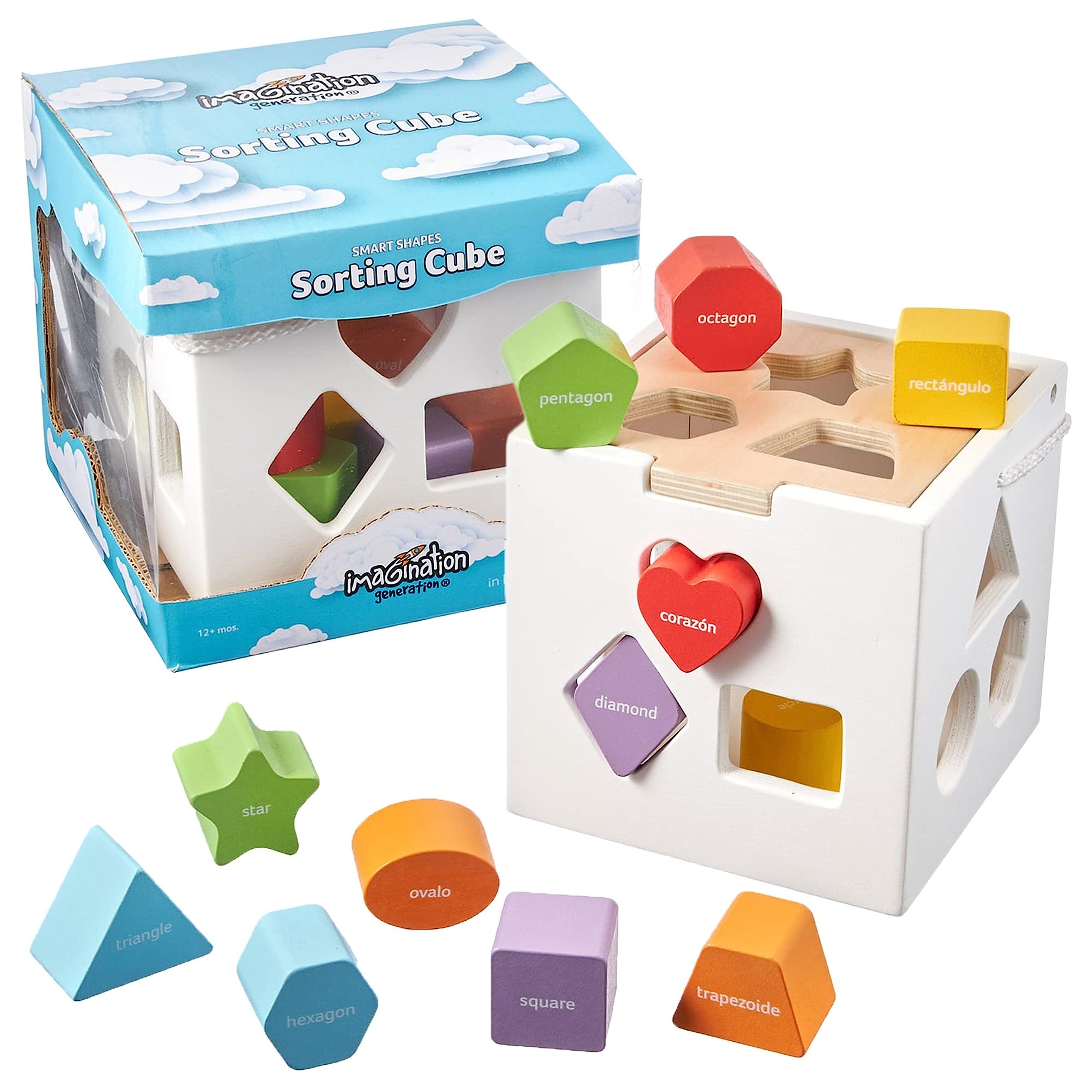 Smart Shapes Bilingual Sorting Cube - Activity Cube Toys for Toddler Learning in English and Spanish - Colorful Blocks in Wooden Shape Sorter Box - Educational Puzzle for Kids Ages 12 Months and Up