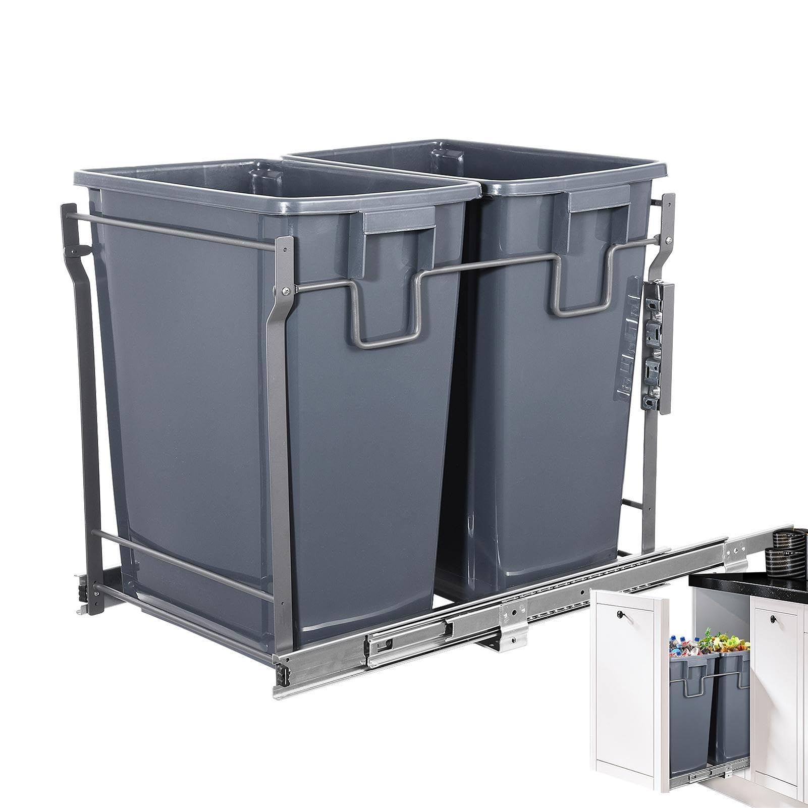 Kitchen Pull-Out Built-in Trash Can Kitchen Waste Bin Built-in Cabinet Household Hidden Trash Silent Guide Rails (15Lx2 Trash)