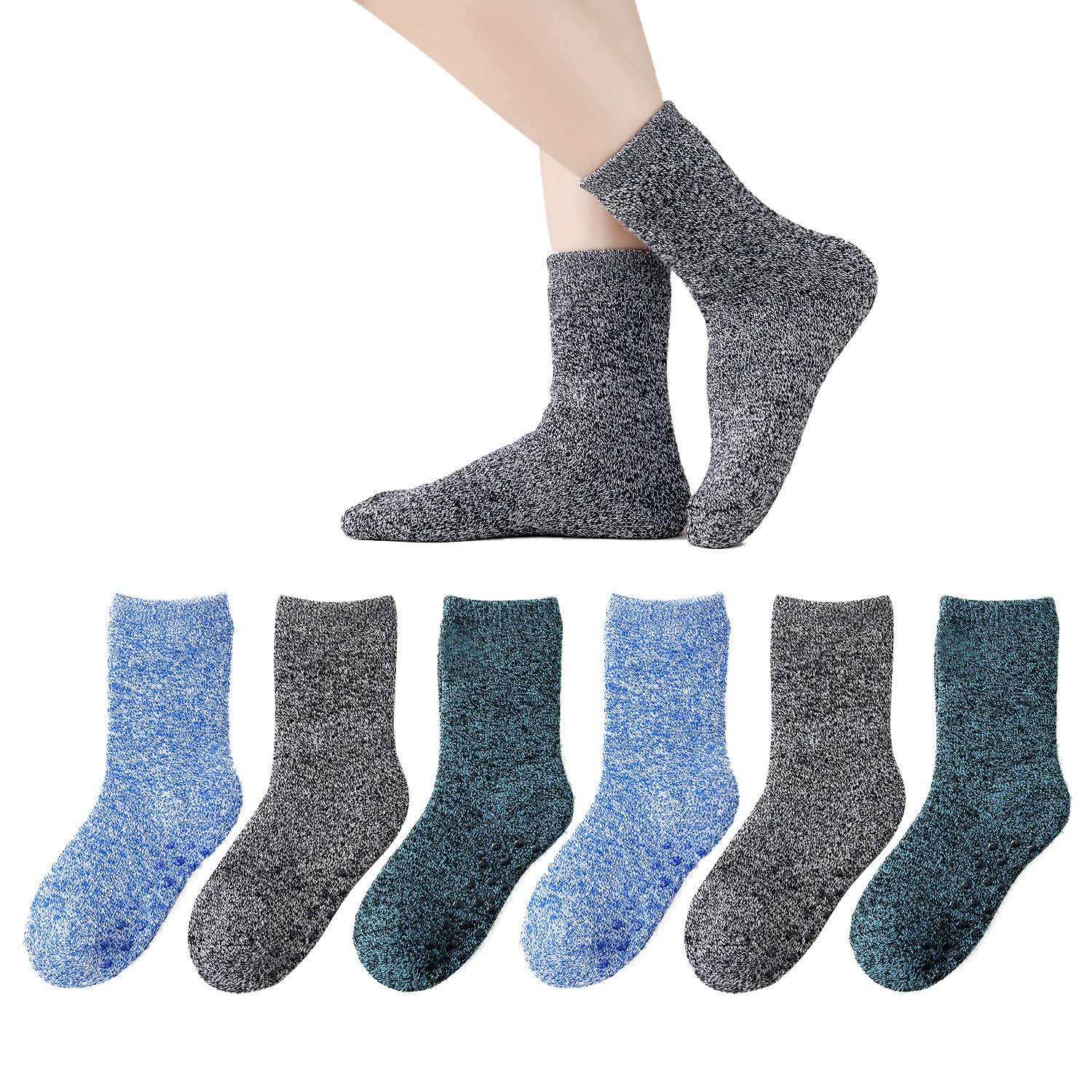 EPEIUS Baby Thermal Socks Toddler Non-slip Socks Soft Thick Warm Crew Socks with Grip Brushing Inside Boys Girls 6 Pair Pack,12-24 Months