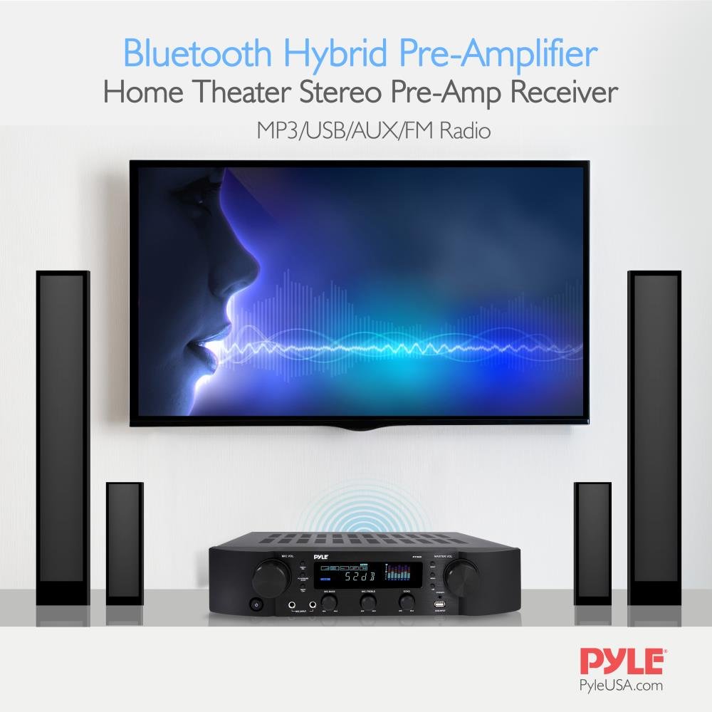Pyle Updated Premium Pyle Stereo Preamplifier, Home Entertainment Receiver, Bluetooth Amp, RCA Audio Input, 2 Channel Amp, AM/FM Radio with LCD Display, MP3/USB/AUX, AC Power Cable PT395