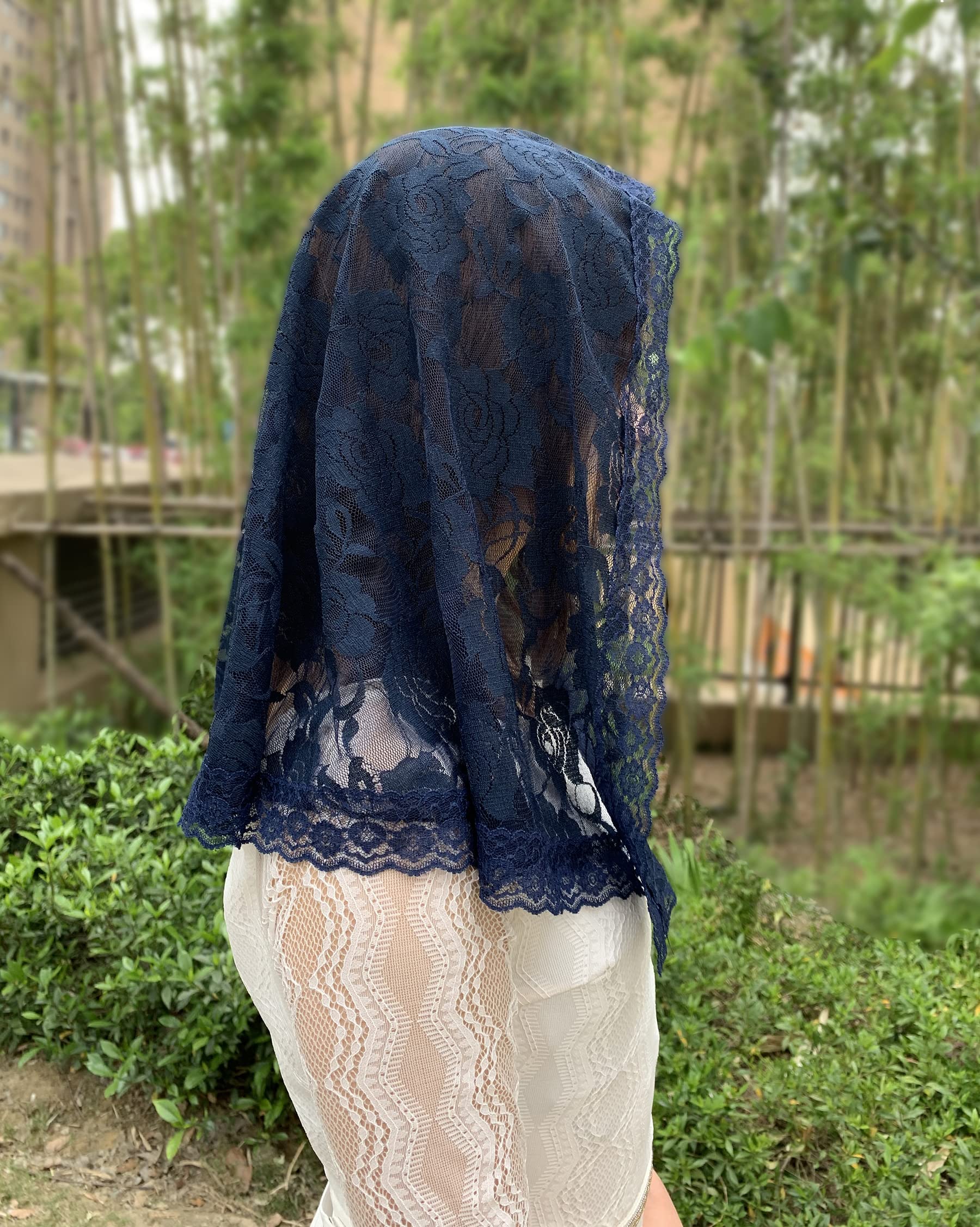 Grettytling Lace Mantilla Veil Soft and comfortable 7 Colors Spanish Style Rose Lace Veil Head Covering D Shape ,Navy
