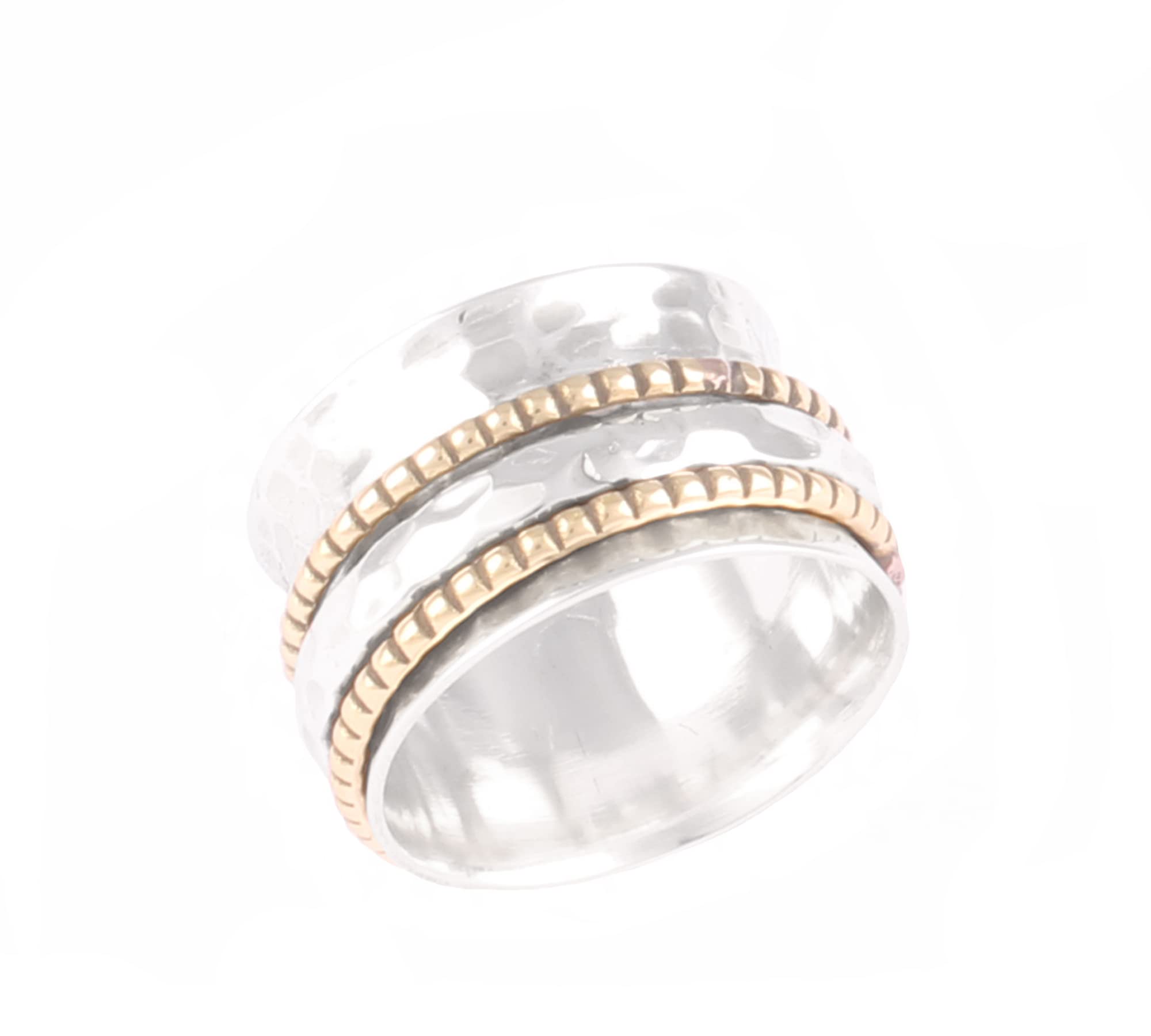 Designer Two Tone Hammered Fidget Textured Band Solid 925 Sterling Silver Spinner Ring For Women Worry Anxiety Fidget Ring Band (11)