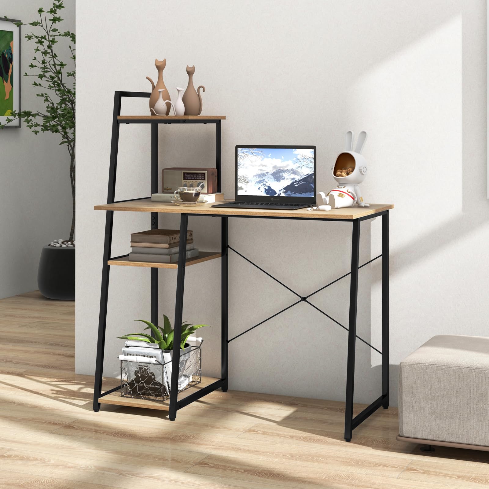 Giantex Computer Desk with Shelves, 47.5β Home Office Desk with Bookshelf, Host Stand, Metal Frame, PC Laptop Workstation, Modern Study Writing Desk for Bedroom, Small Space (Natural & Black)