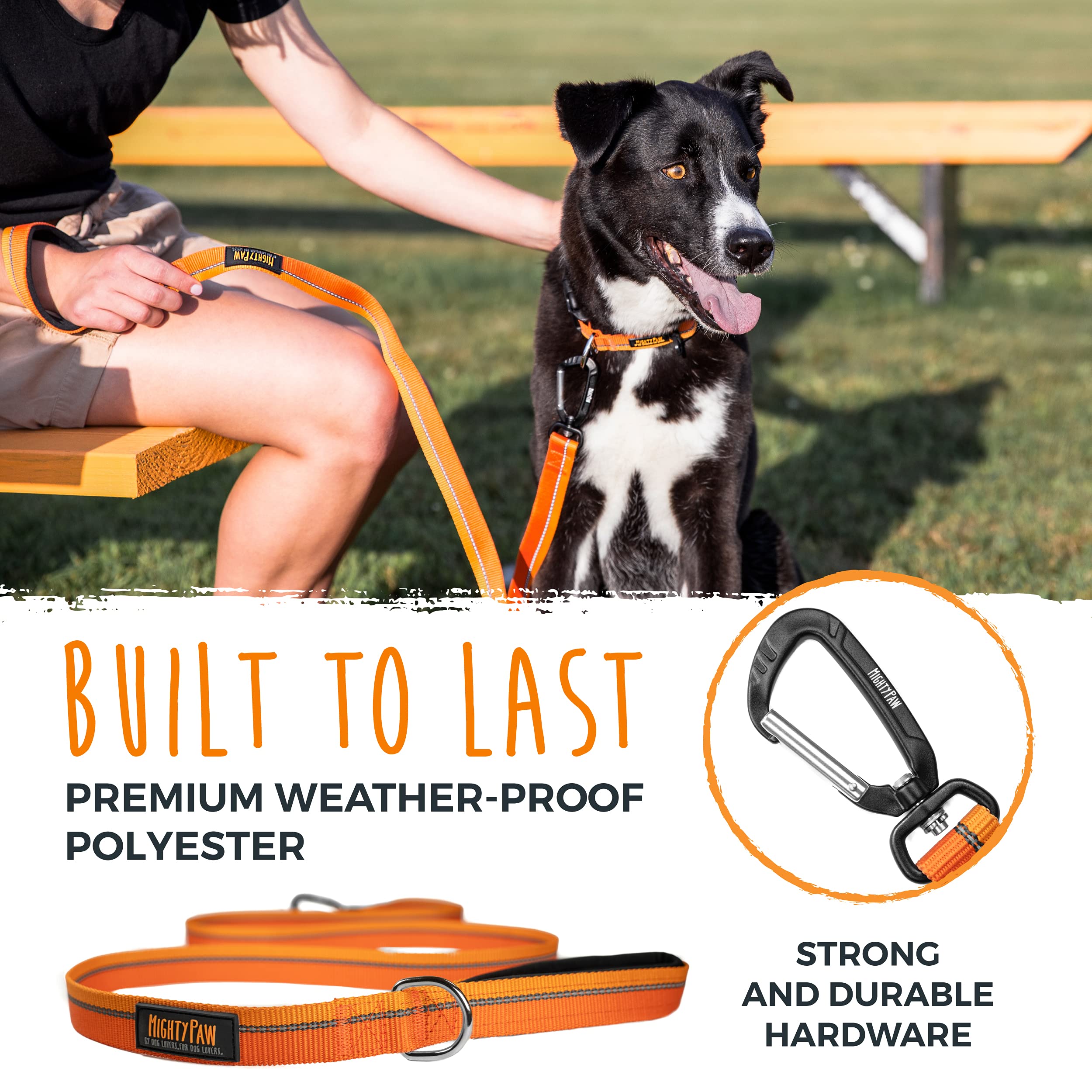 Mighty Paw Dog Leash - Soft Padded Handle - D-Ring and Pet Leash Clip - Carabiner Clip - Weatherproof with Reflective Stitching - 6 Foot Long Dog Leash for All Dog Breeds - Dog Walking Leash (Orange)