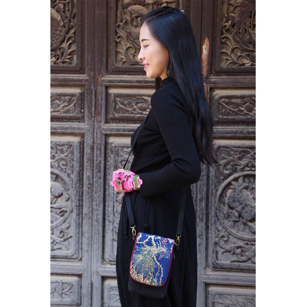 Vintage Canvas Boho Crossbody Purse Phoenix Sequin Wristlet Wallets for women Cell Phone Wallets (Blue)