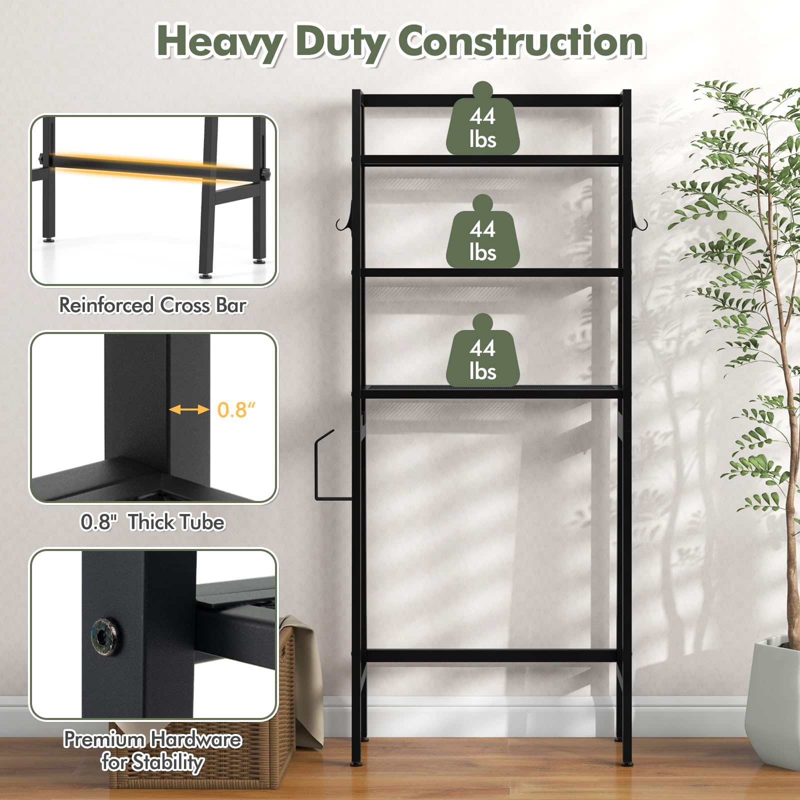 Giantex Over The Toilet Storage Shelf - 3-Tier Freestanding Above Toilet Rack with Adjustable Bottom Bar, Paper Holder, 2 Side Hooks, Metal Bathroom Organizer Shelf, Space Saving Toilet Shelf (Black)