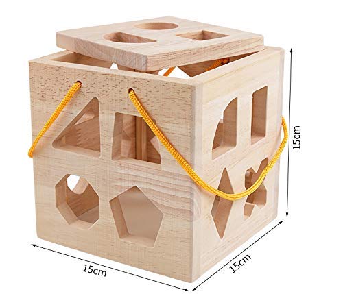 QZMTOY Shape Sorter Toys with 19 Shape Blocks,Shape Sorting Cube Toy Box Classic Wooden Toys for Toddlers Kids,Gift for Girls Boys 2-4(Natural Solid Wood)
