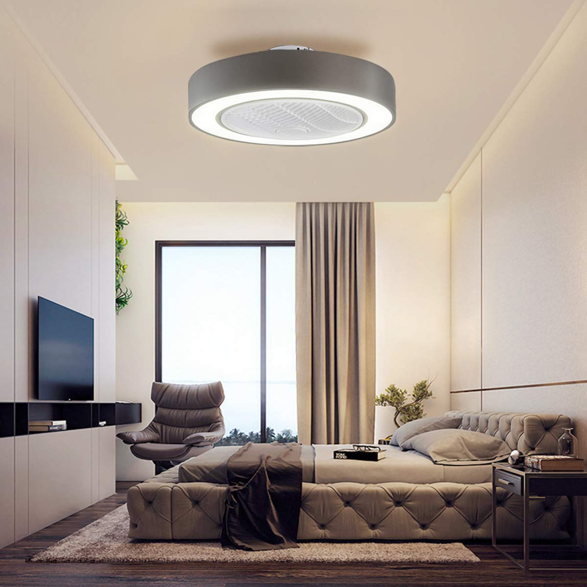 DMXM Ceiling Fan with Light, 20 inches LED Remote Control 3-Color Lighting Modes Invisible Acrylic Blades Metal Shell Semi Flush Mount Low Profile Fan Gray…