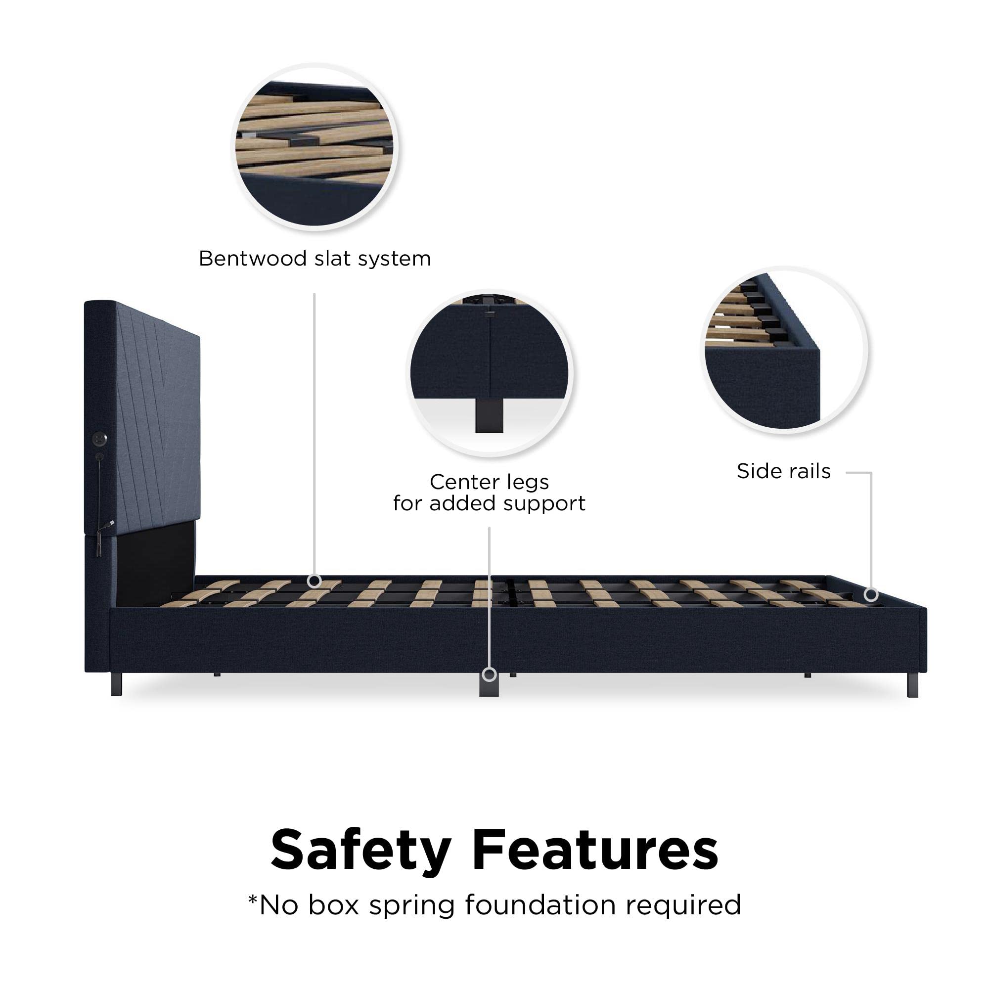 DHP Mathias Upholstered Bed with USB, Dual Port with Power Adapter, King, Navy