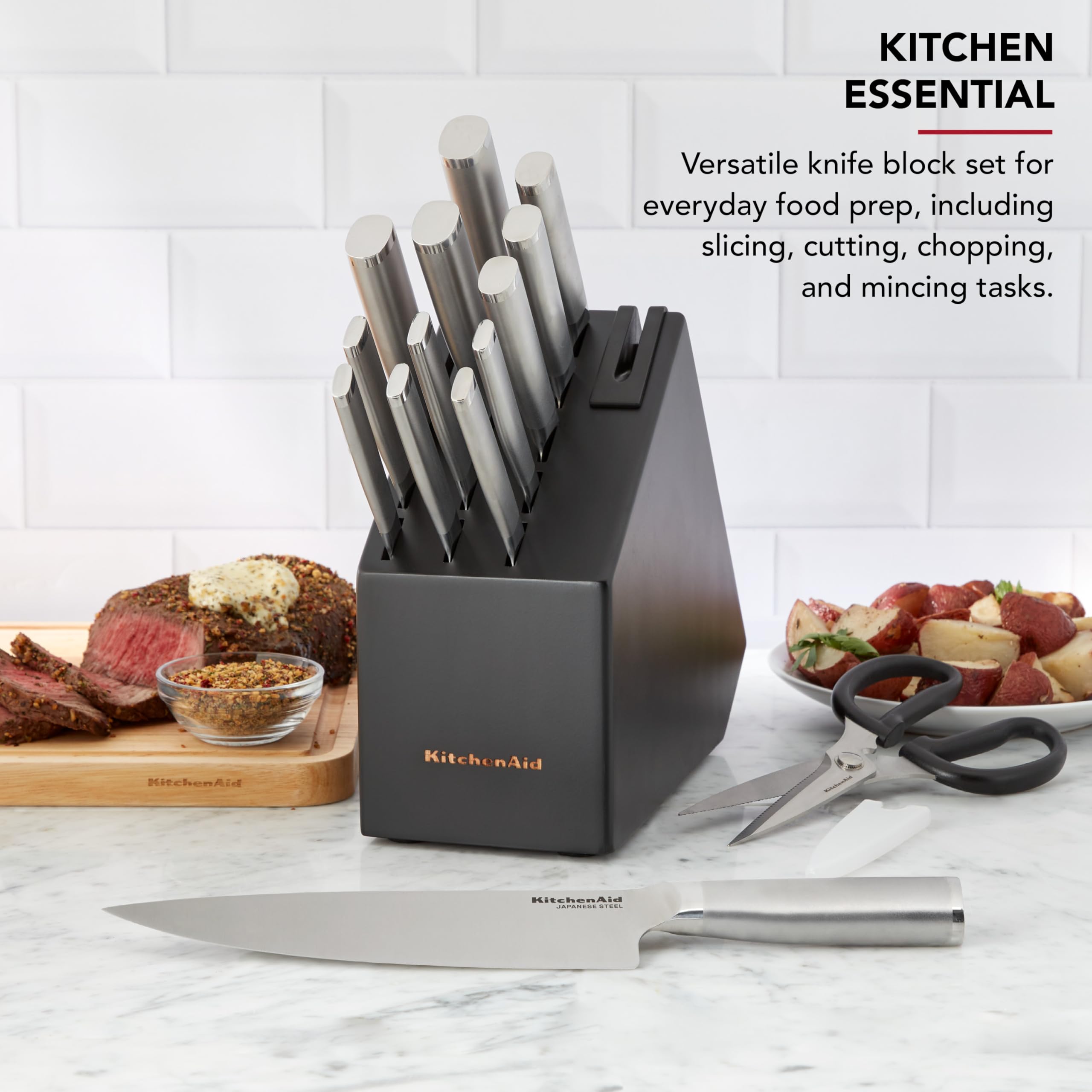 KitchenAid Gourmet Knife Block Set with Built-in Sharpener, Textured Stainless Steel Handles, 15-Piece